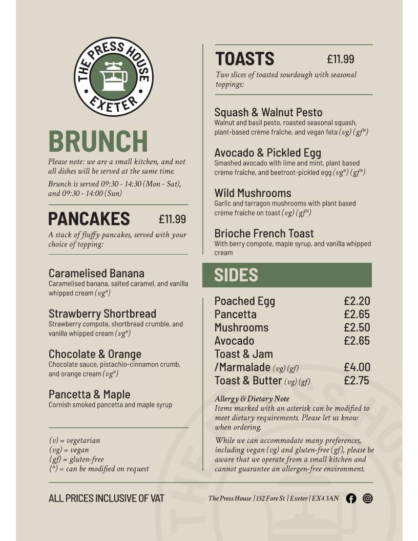 Menu at The Press House restaurant, Exeter