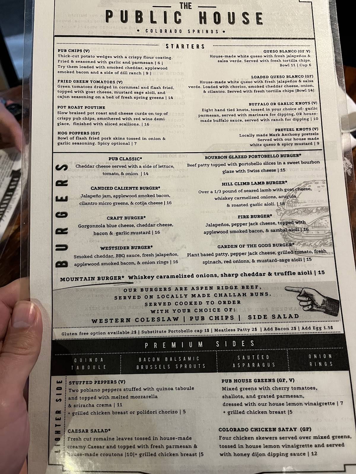 Menu at The Public House, Colorado Springs