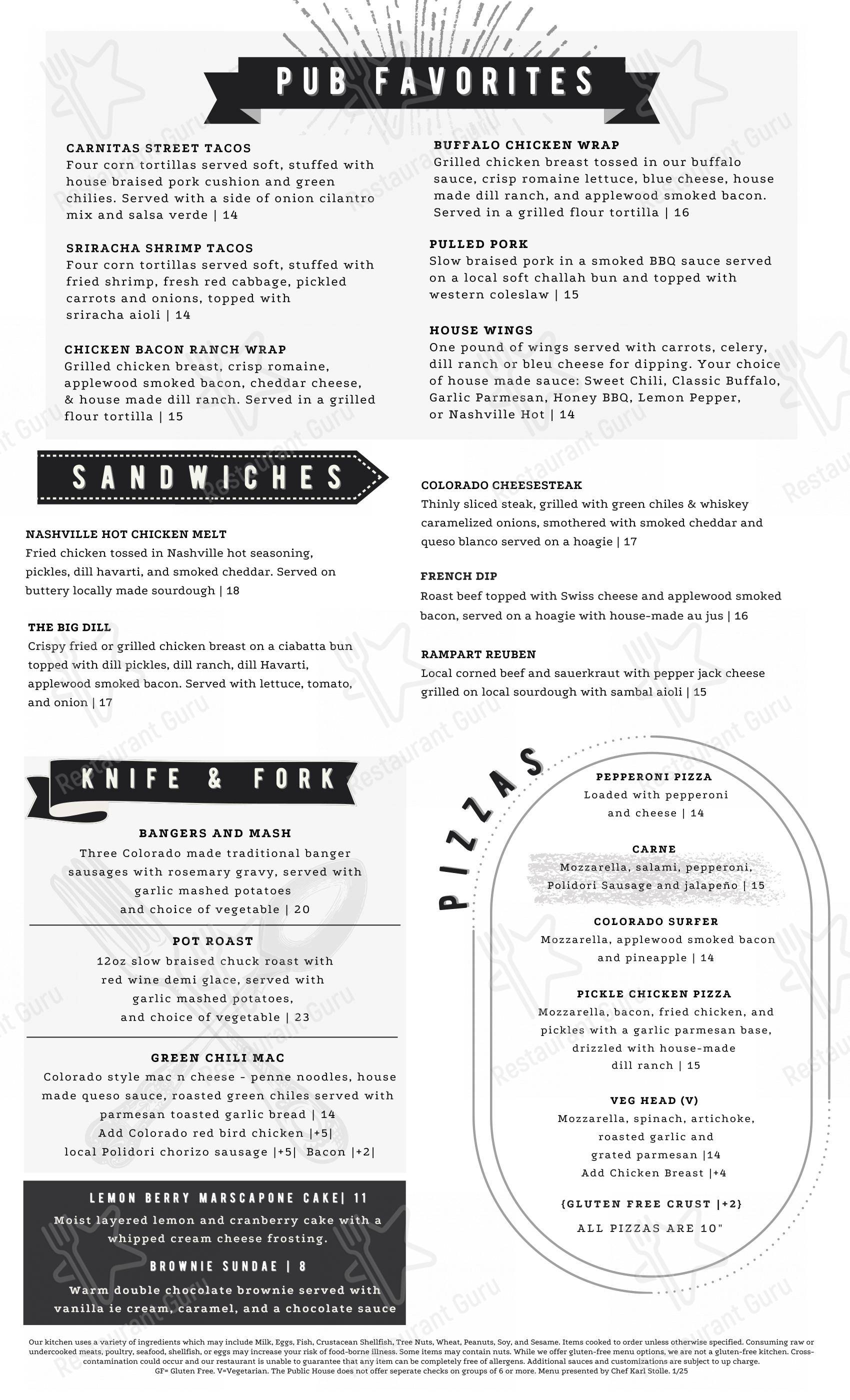 Menu at The Public House, Colorado Springs
