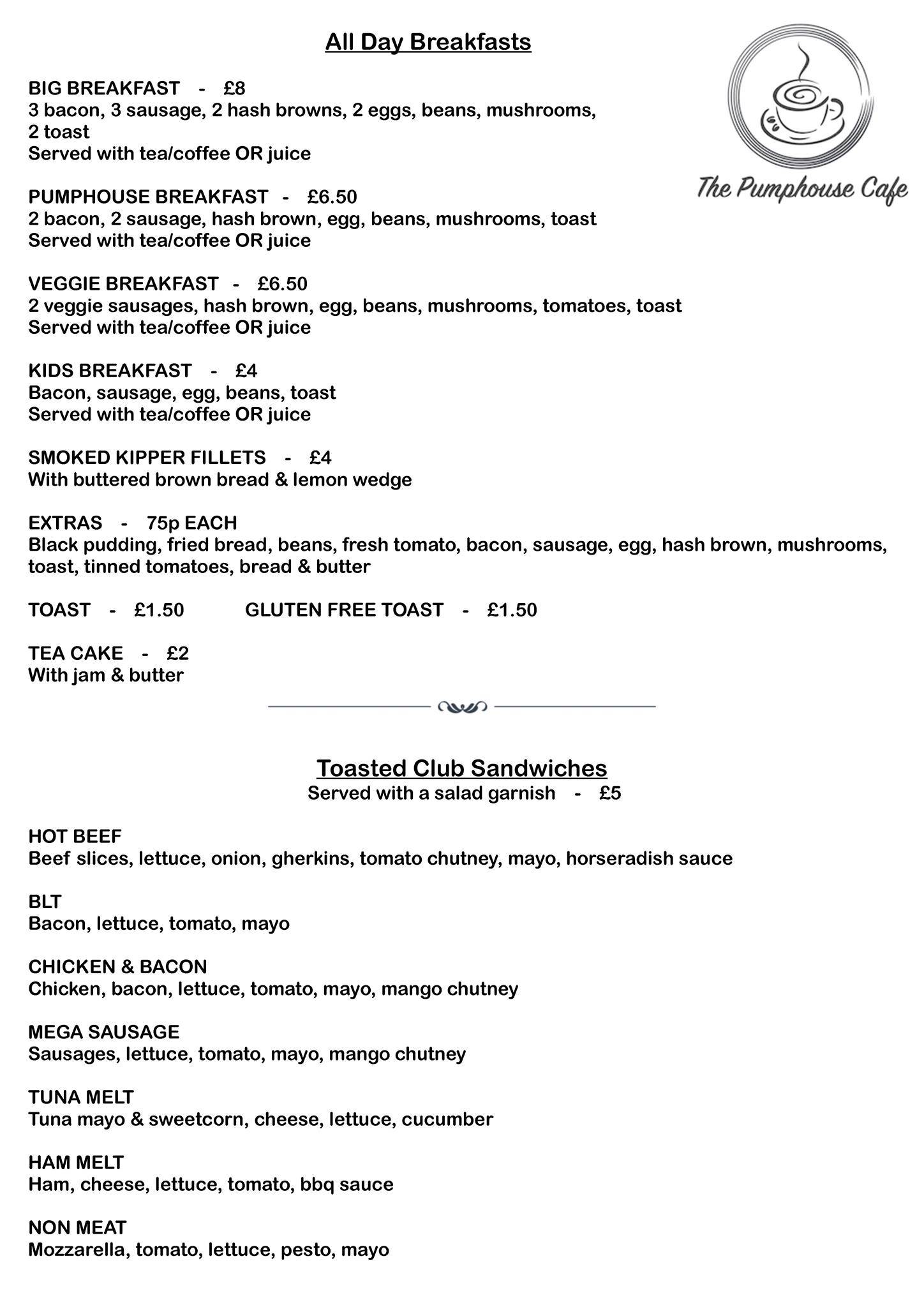 Menu at The Pumphouse Cafe, Wellingborough