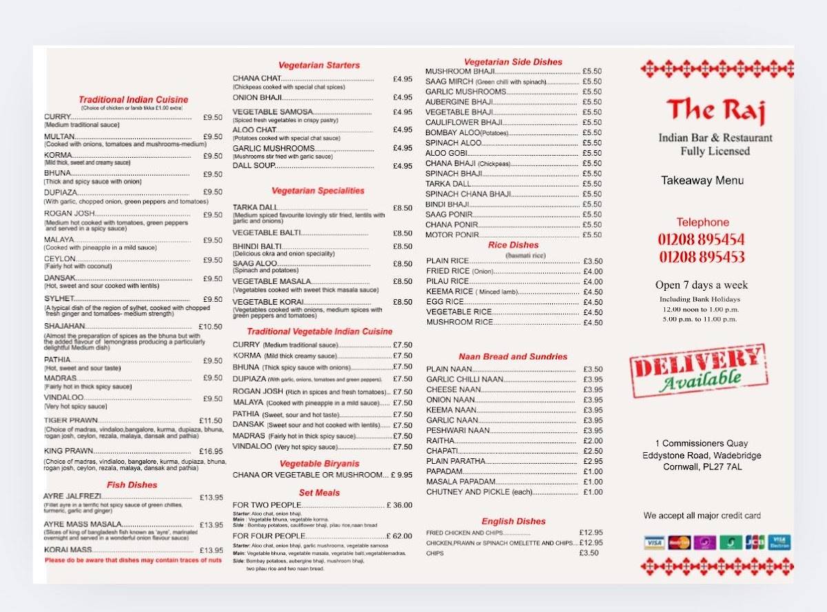 Menu at The Raj Bar & Restaurant, Wadebridge