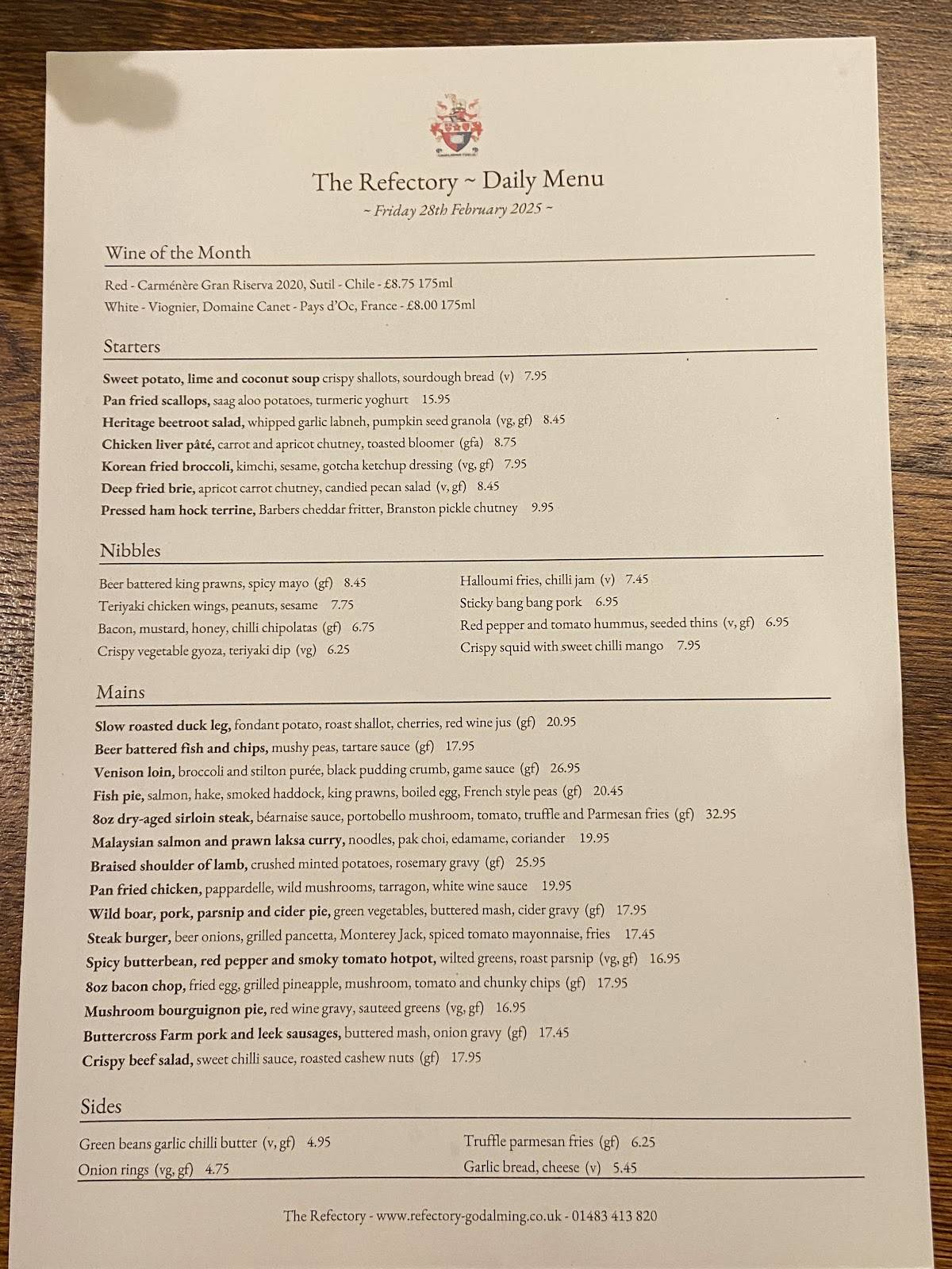 Menu at The Refectory pub & bar, Godalming