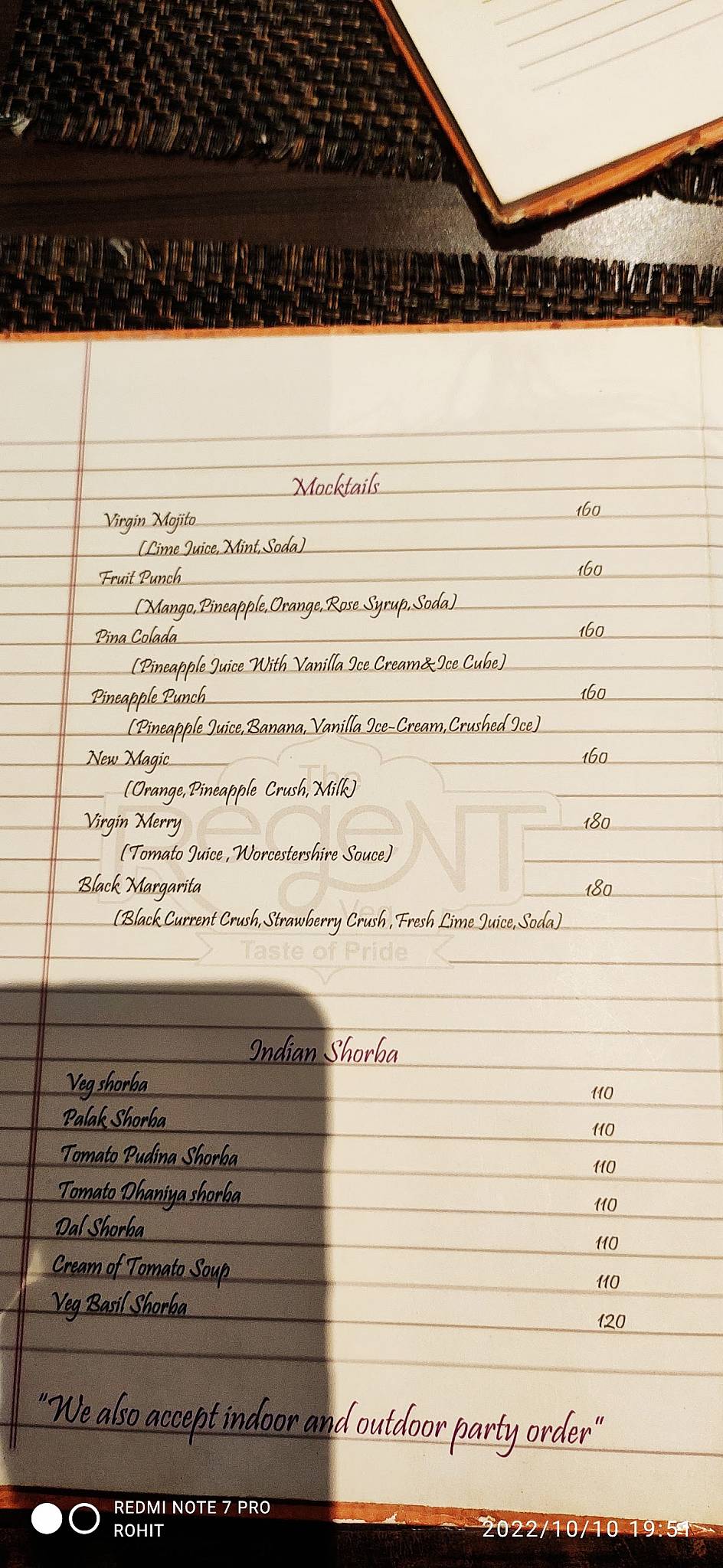Menu at The Regent, Pune
