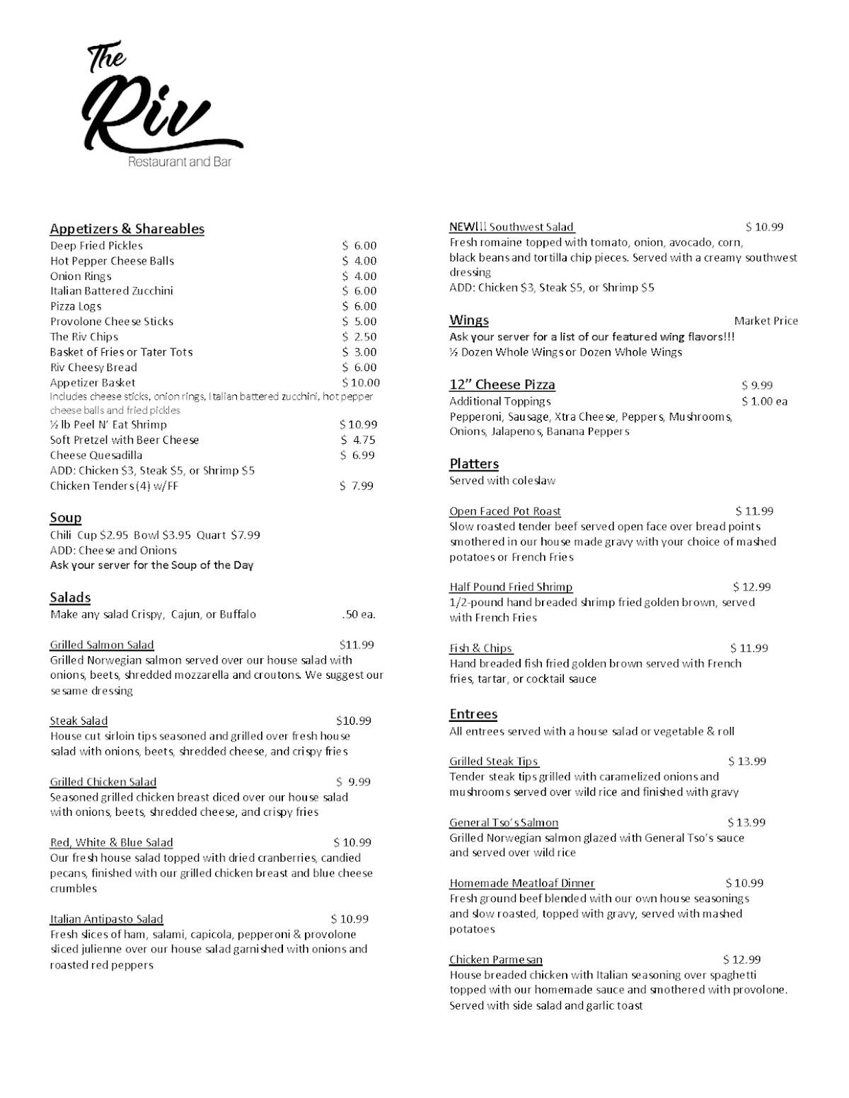 Menu at The Riviera Restaurant & Bar, Centerville