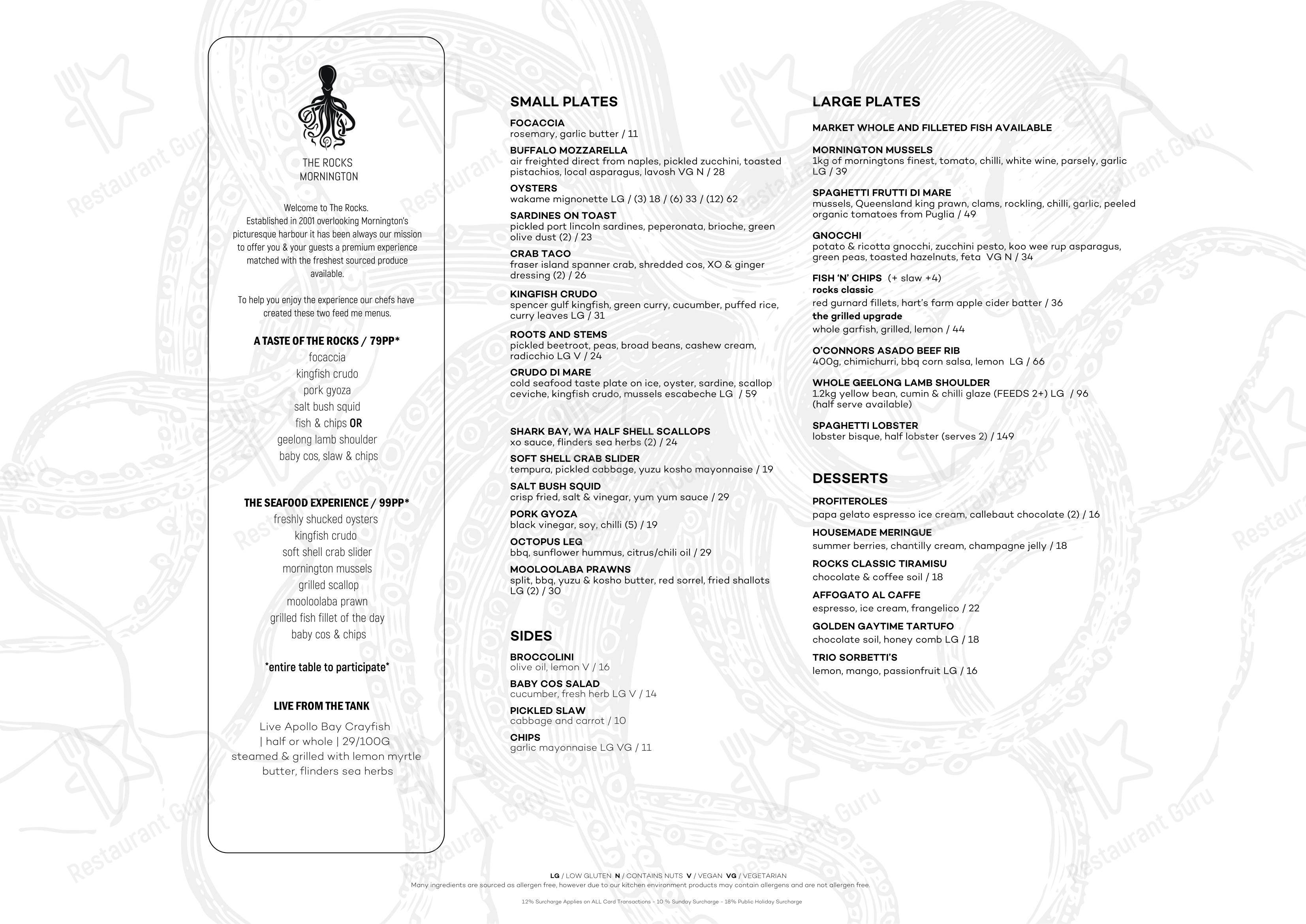 Menu at The Rocks Mornington restaurant, Mornington