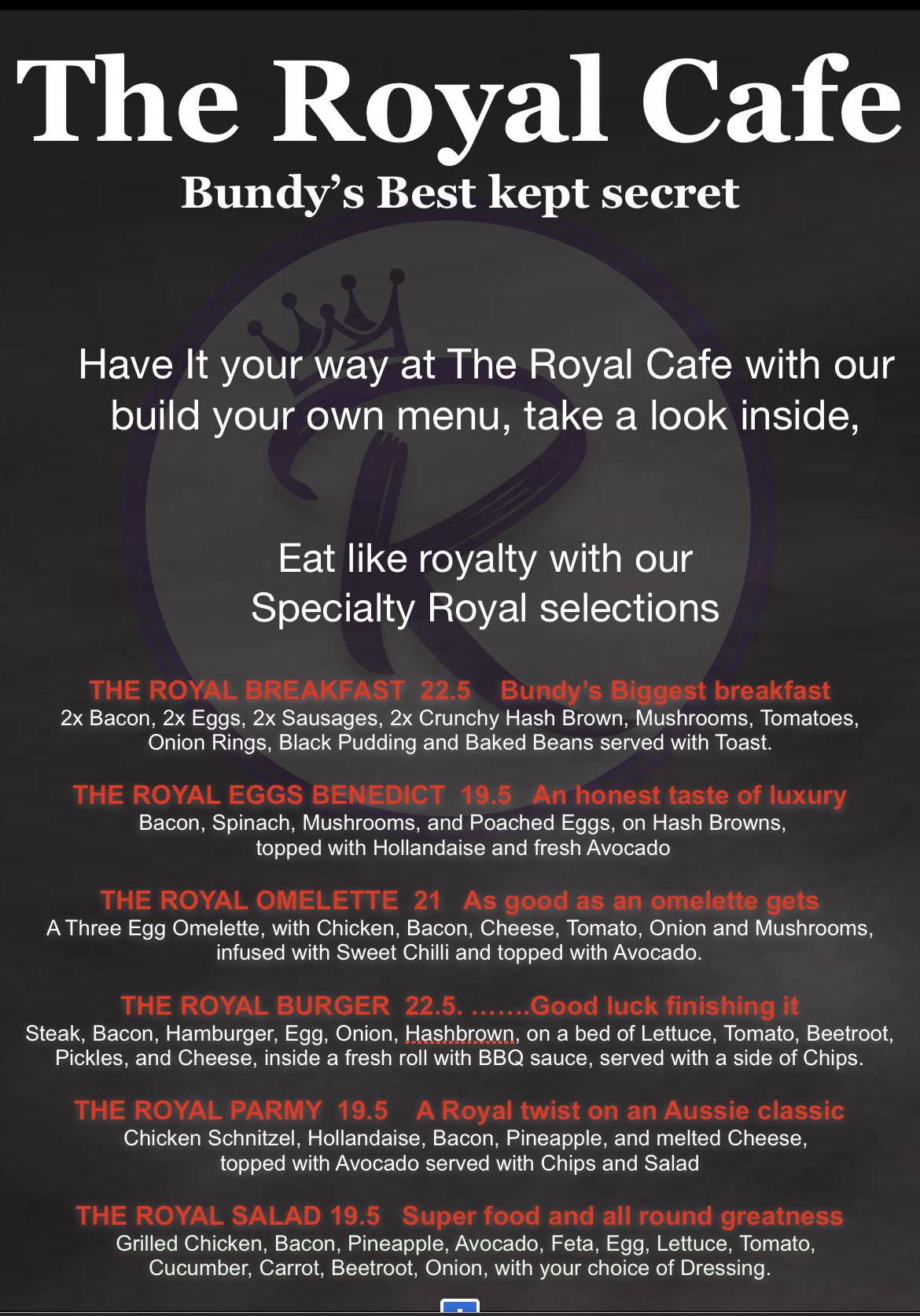 Menu at The Royal Café cafe, Bundaberg Central