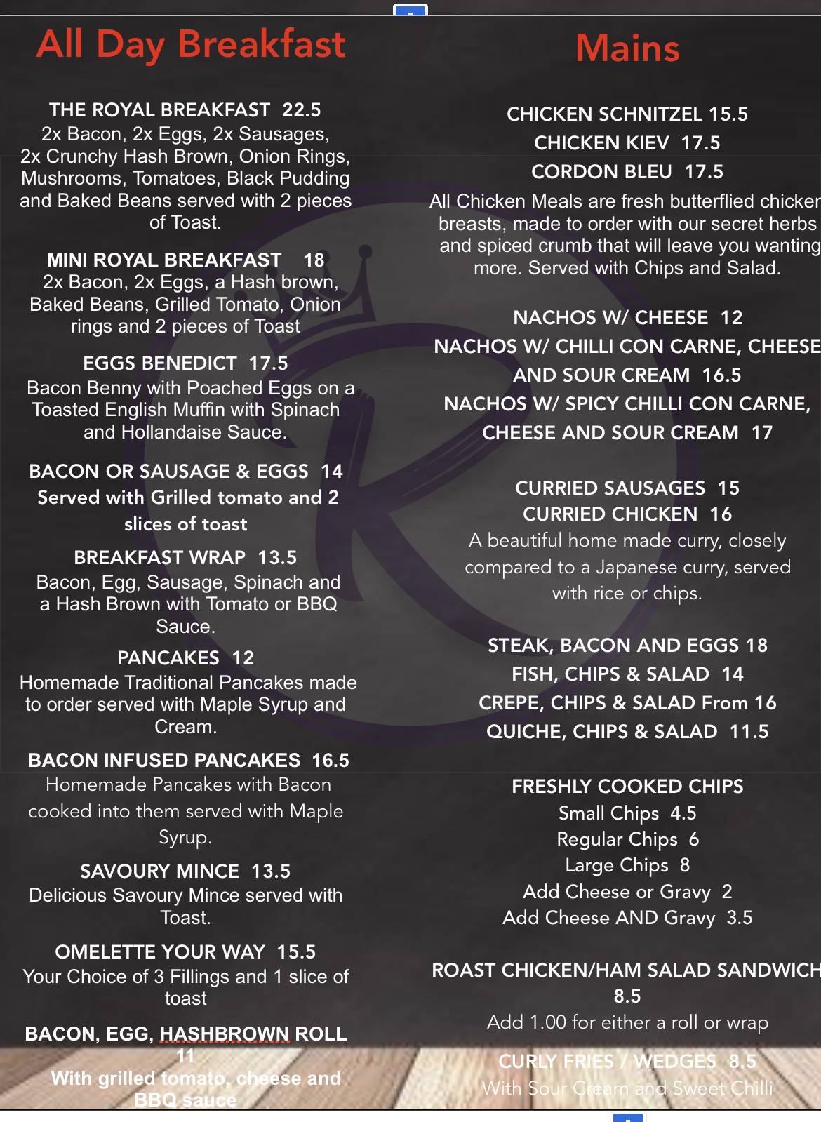 Menu at The Royal Café cafe, Bundaberg Central