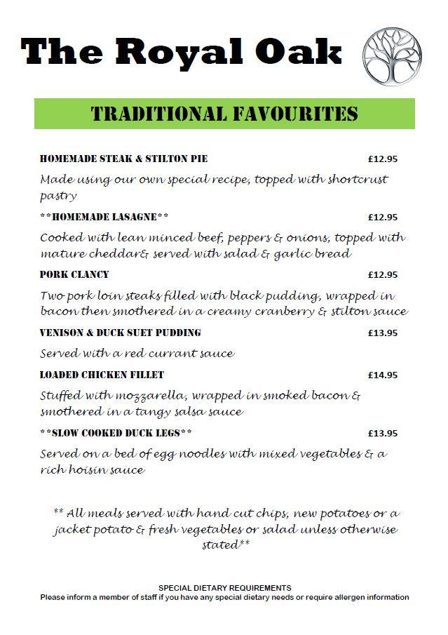 Menu at The Royal Oak pub & bar, Clowne, High St