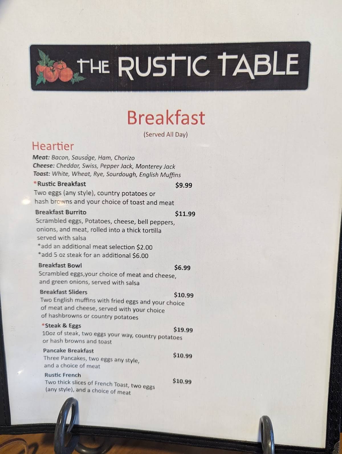 Menu at The Rustic Table cafe, Watsonville