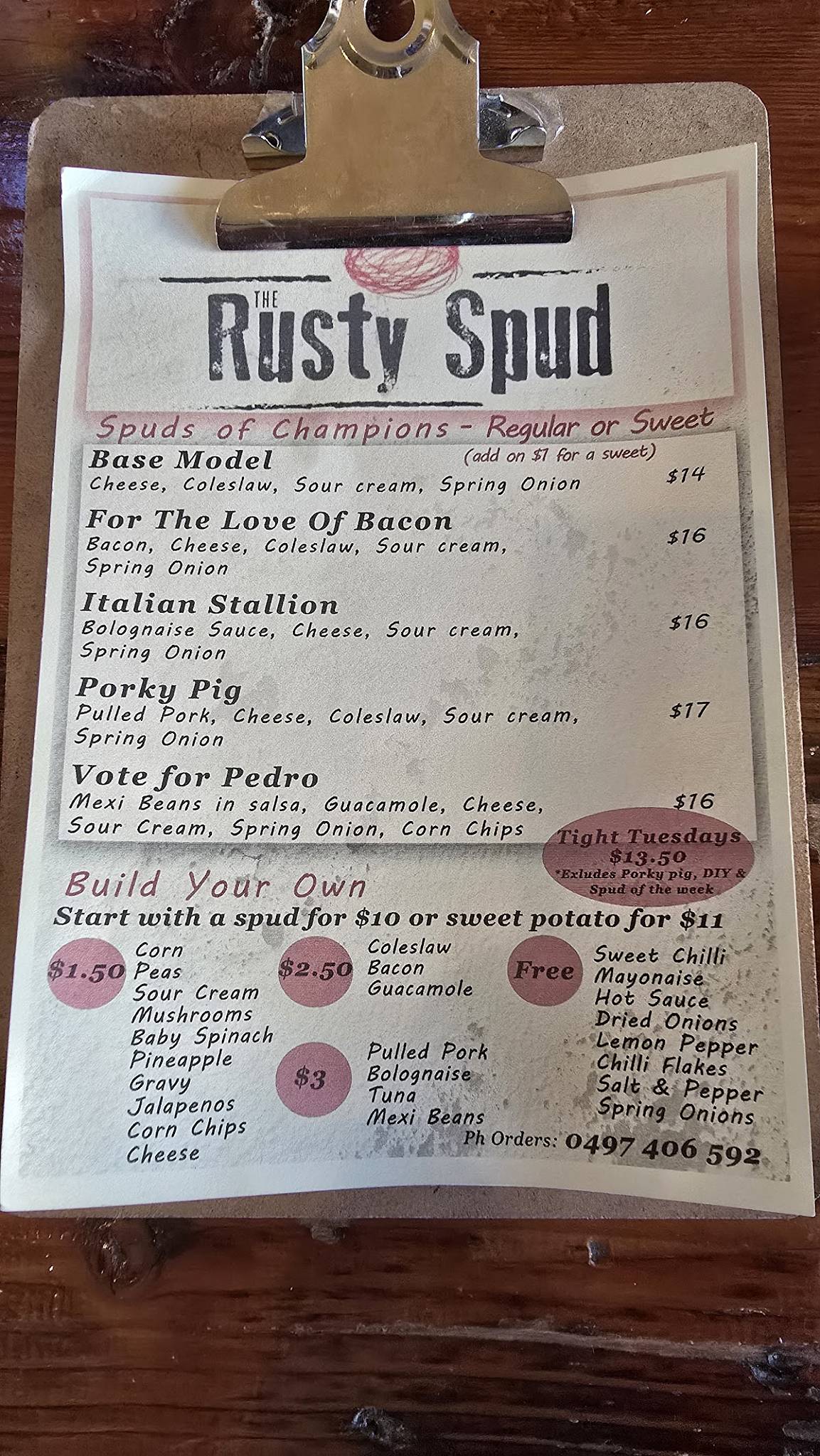 Menu at The Rusty Spud restaurant, Ballarat Central