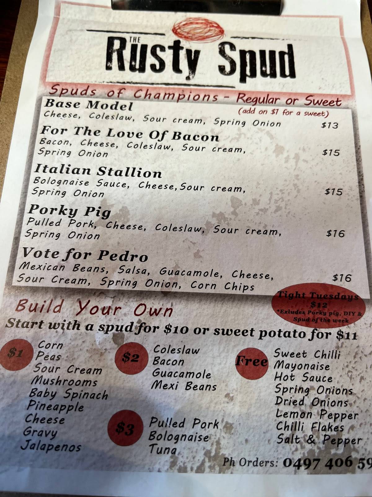 Menu at The Rusty Spud restaurant, Ballarat Central