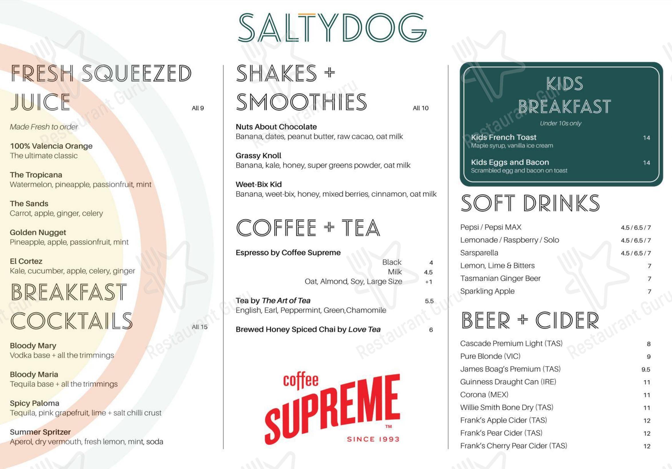 Menu at The Salty Dog Hotel pub & bar, Kingston Beach