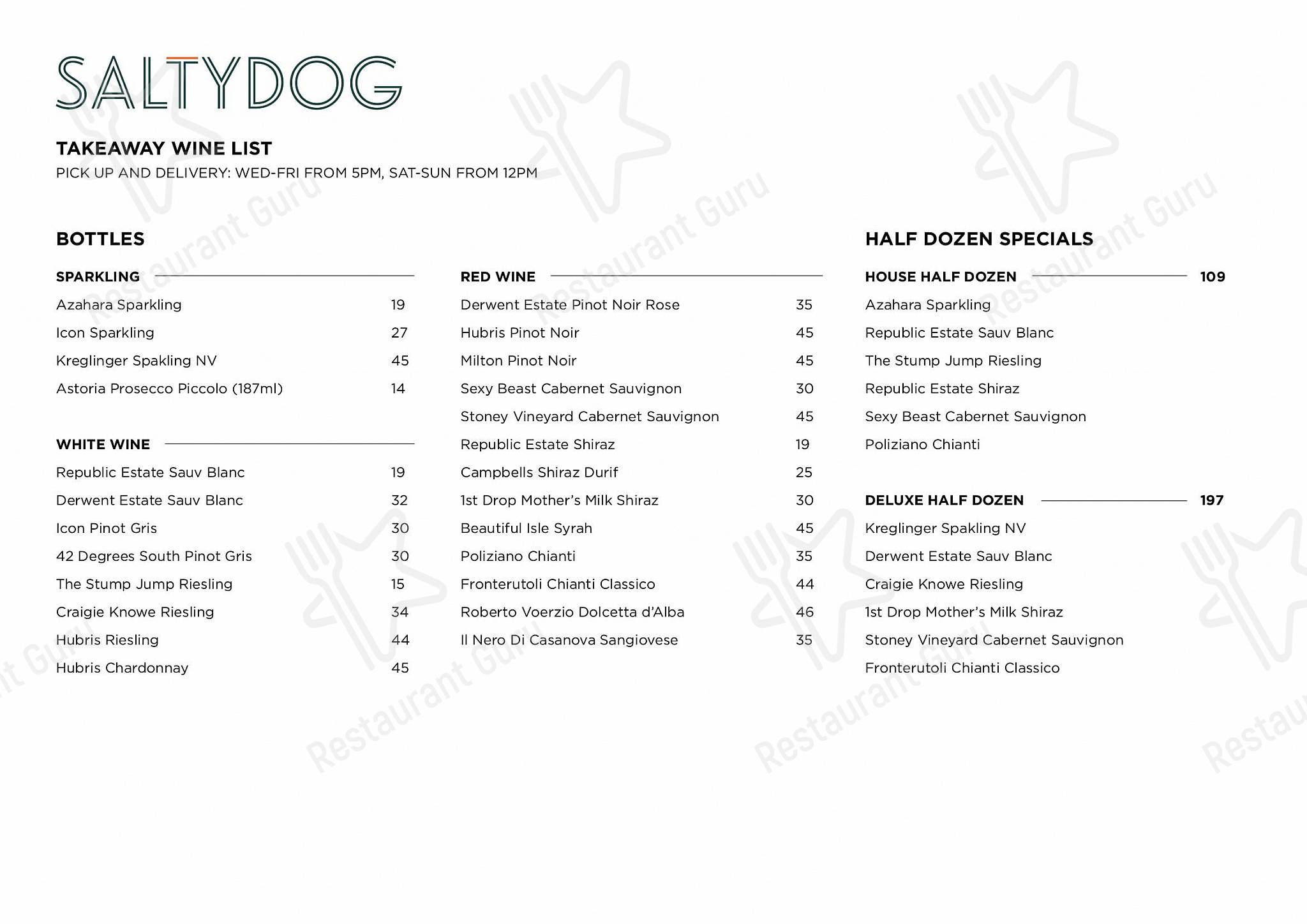 Menu at The Salty Dog Hotel pub & bar, Kingston Beach