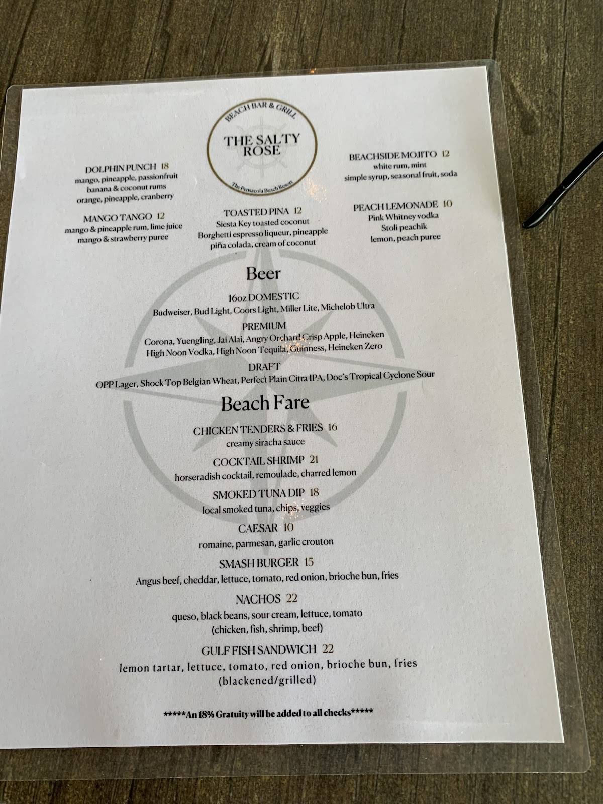 Menu at The Salty Rose Beach Bar & Grill, Gulf Breeze