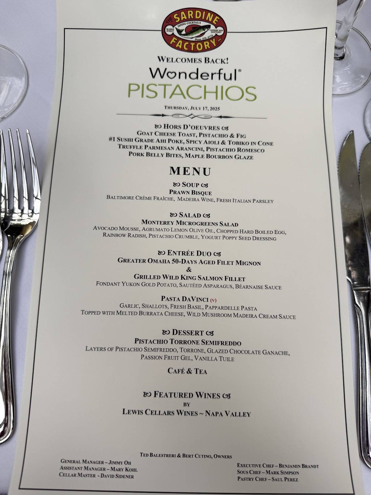 Menu at The Sardine Factory steakhouse, Monterey