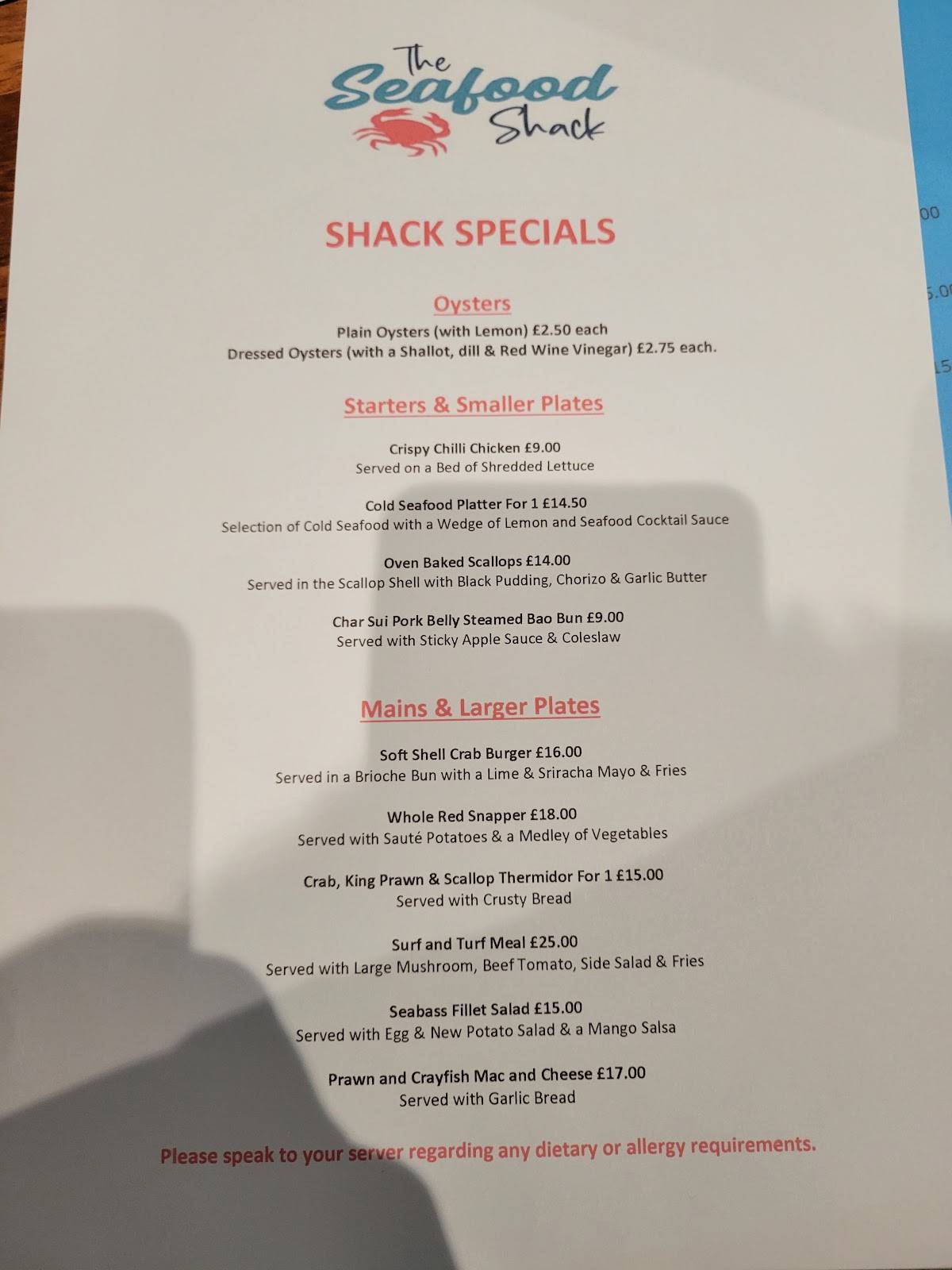 Menu at The Seafood Shack restaurant, Southend-on-Sea, 32-35 Eastern ...