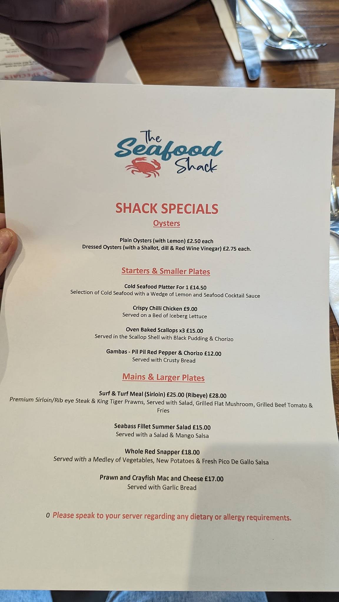 Menu at The Seafood Shack restaurant, Southend-on-Sea, 32-35 Eastern ...