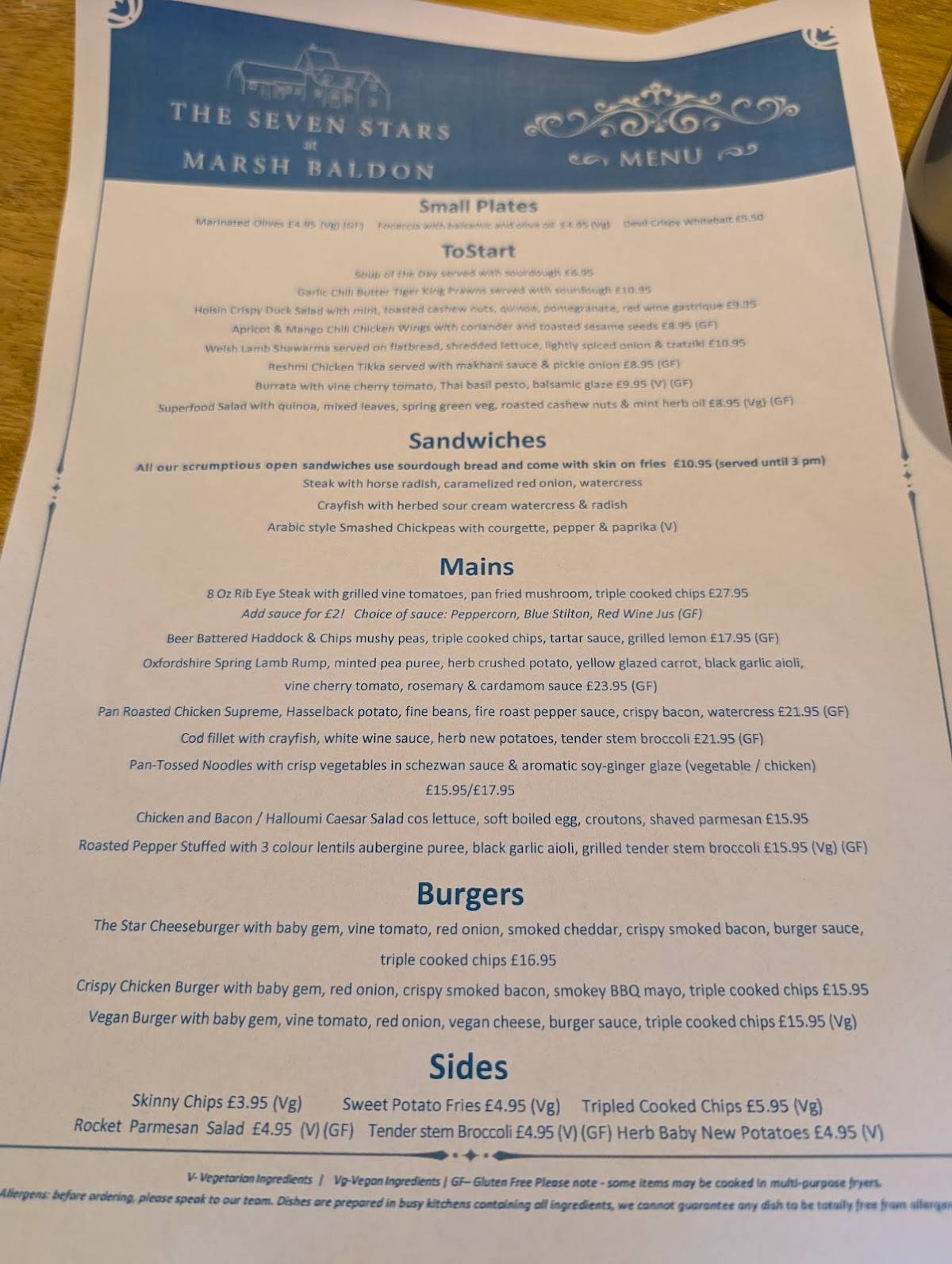 Menu at The Seven Stars at Marsh Baldon pub & bar, Oxford