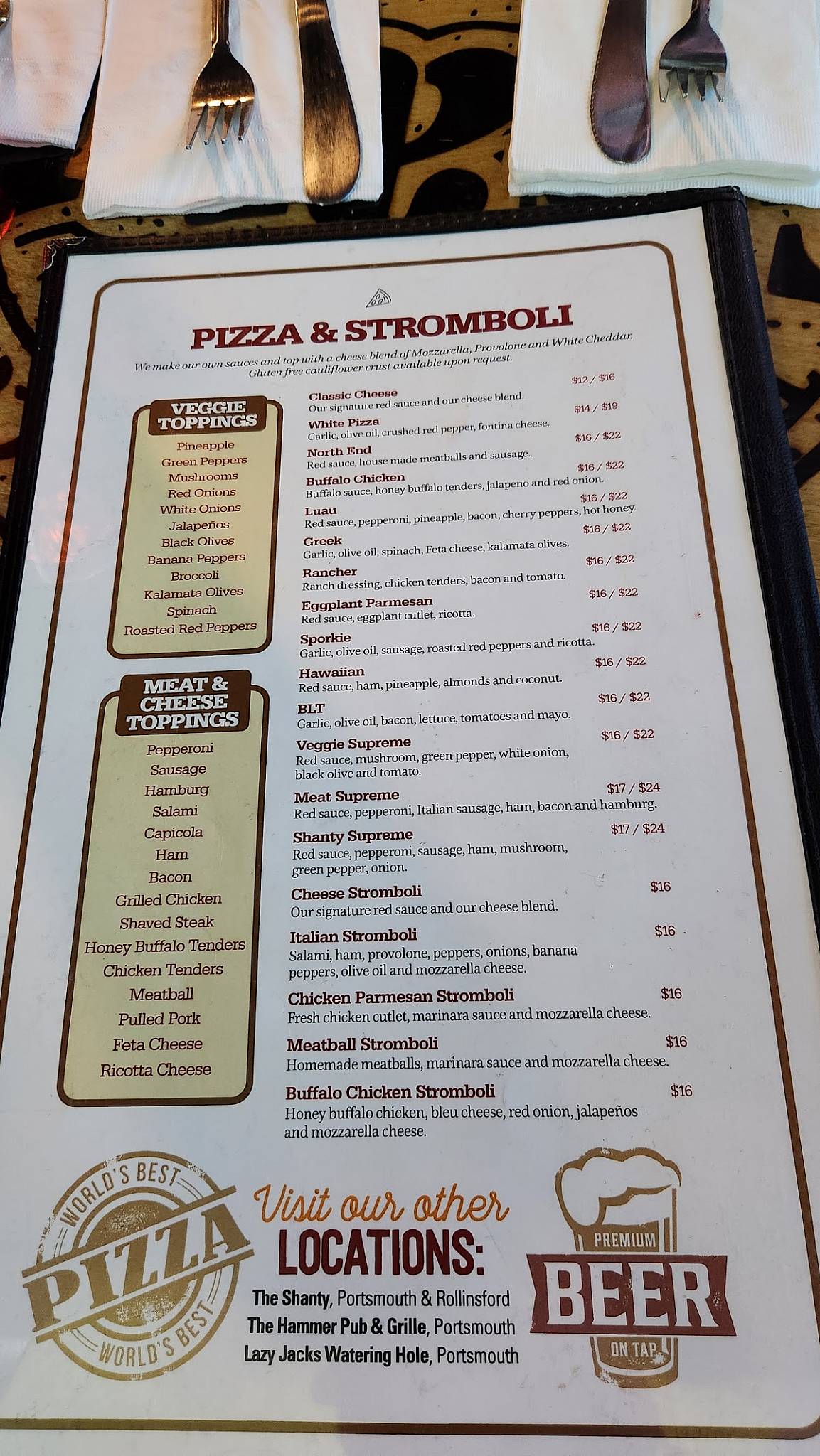 Menu at The Shanty Dover/Rollinsford pizzeria, Rollinsford