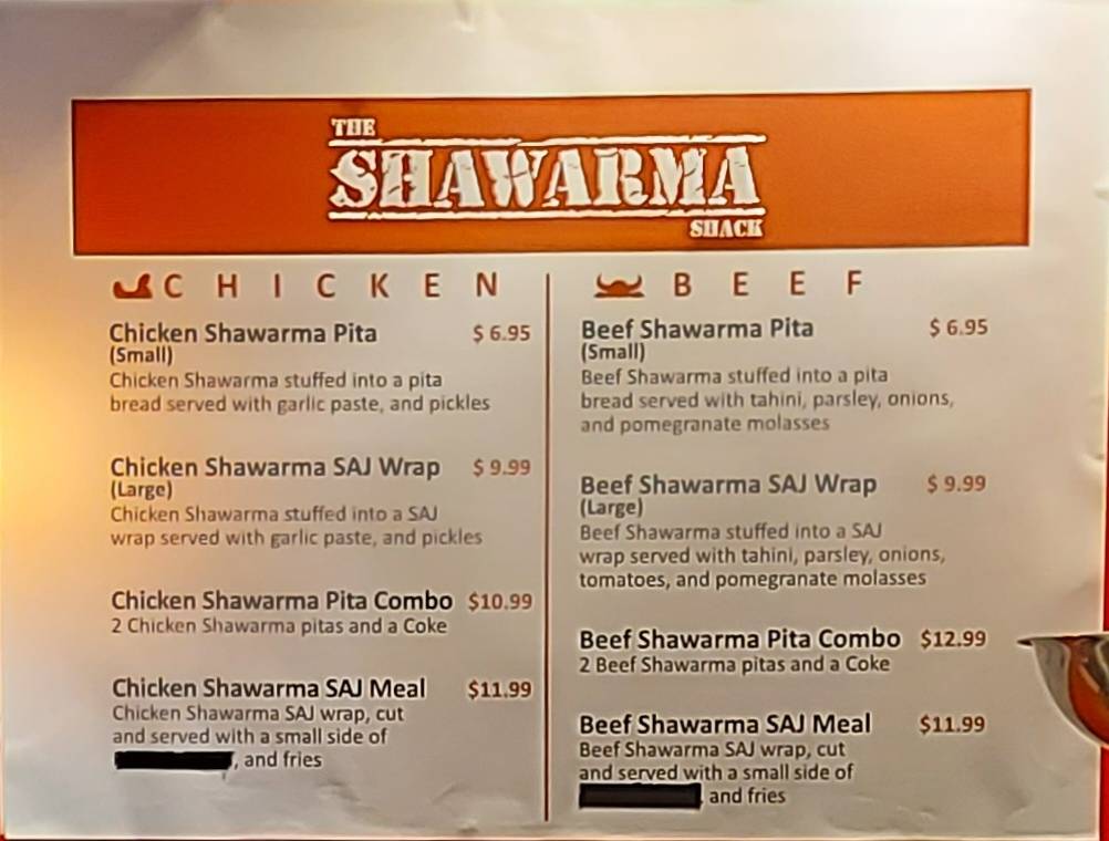 Menu au The Shawarma Shack restaurant, Mississauga