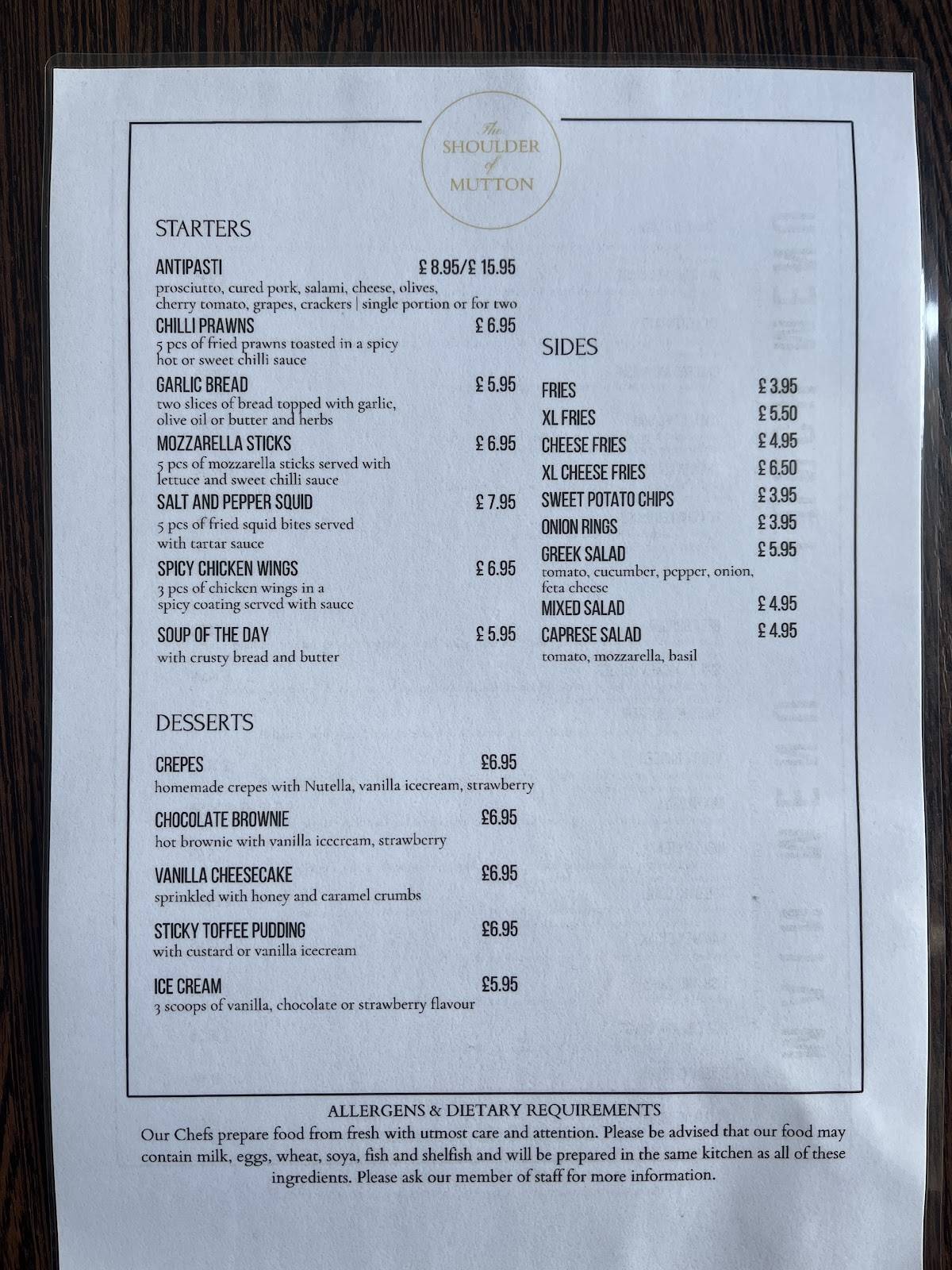 Menu at The Shoulder of Mutton pub & bar, Corby