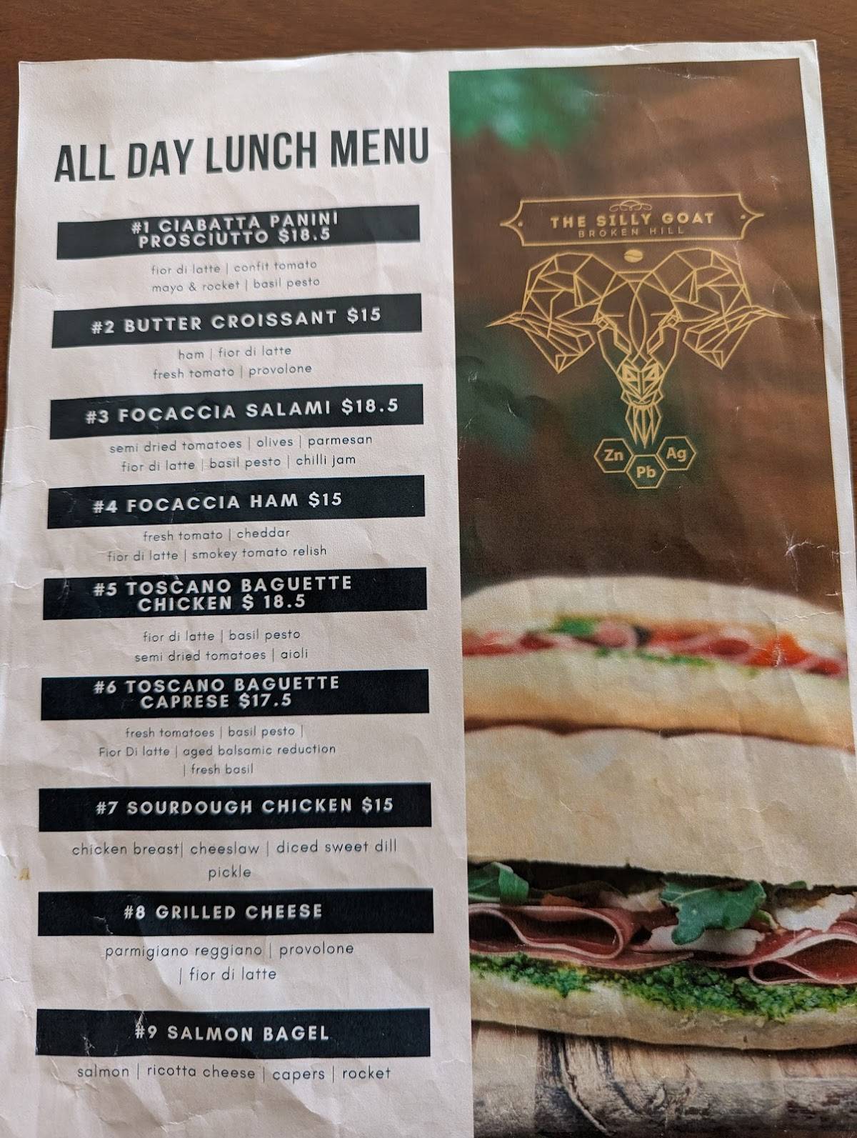 Menu at The Silly Goat cafe, Broken Hill, 425 Argent St