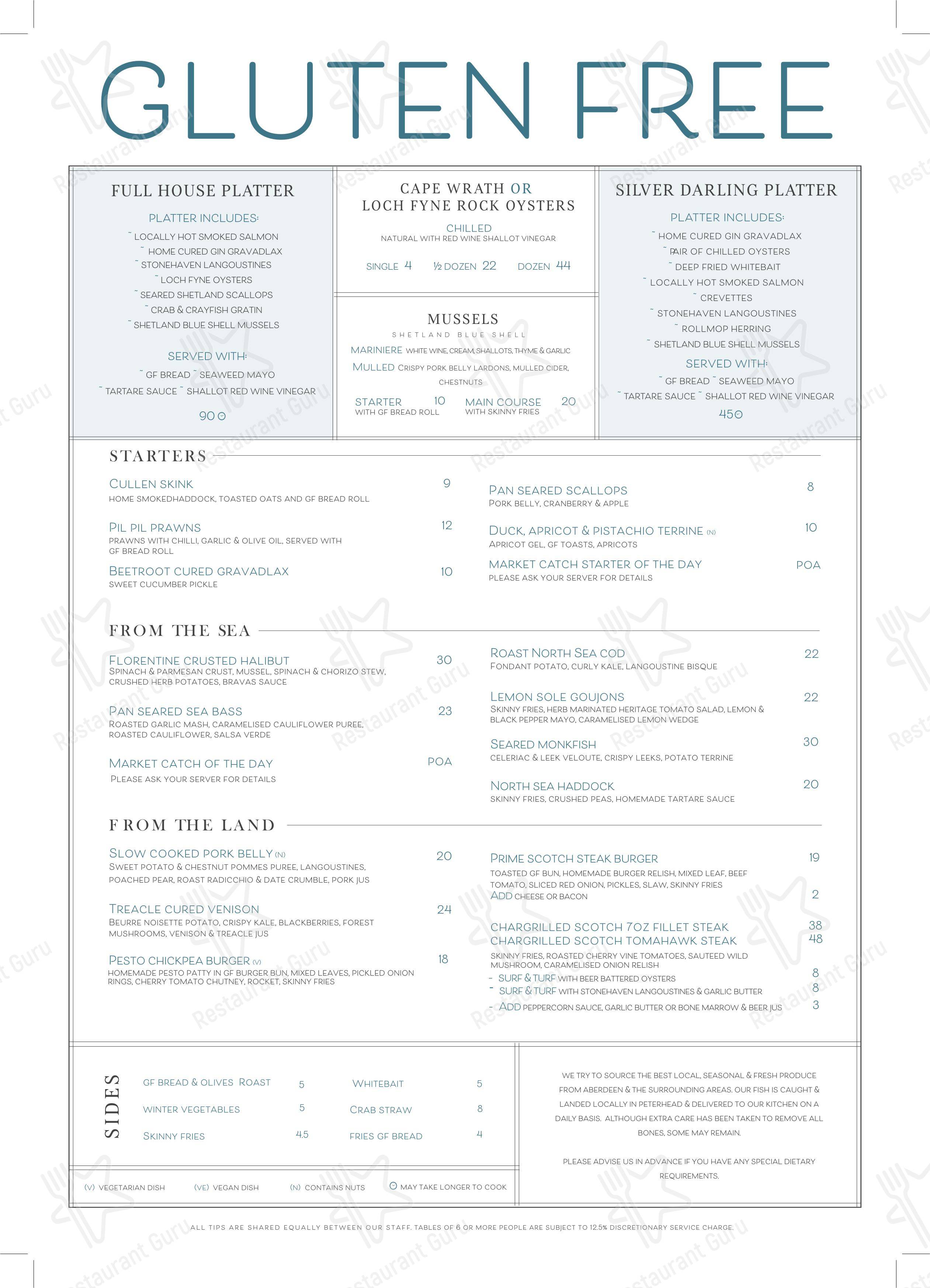 Menu at The Silver Darling restaurant, Aberdeen