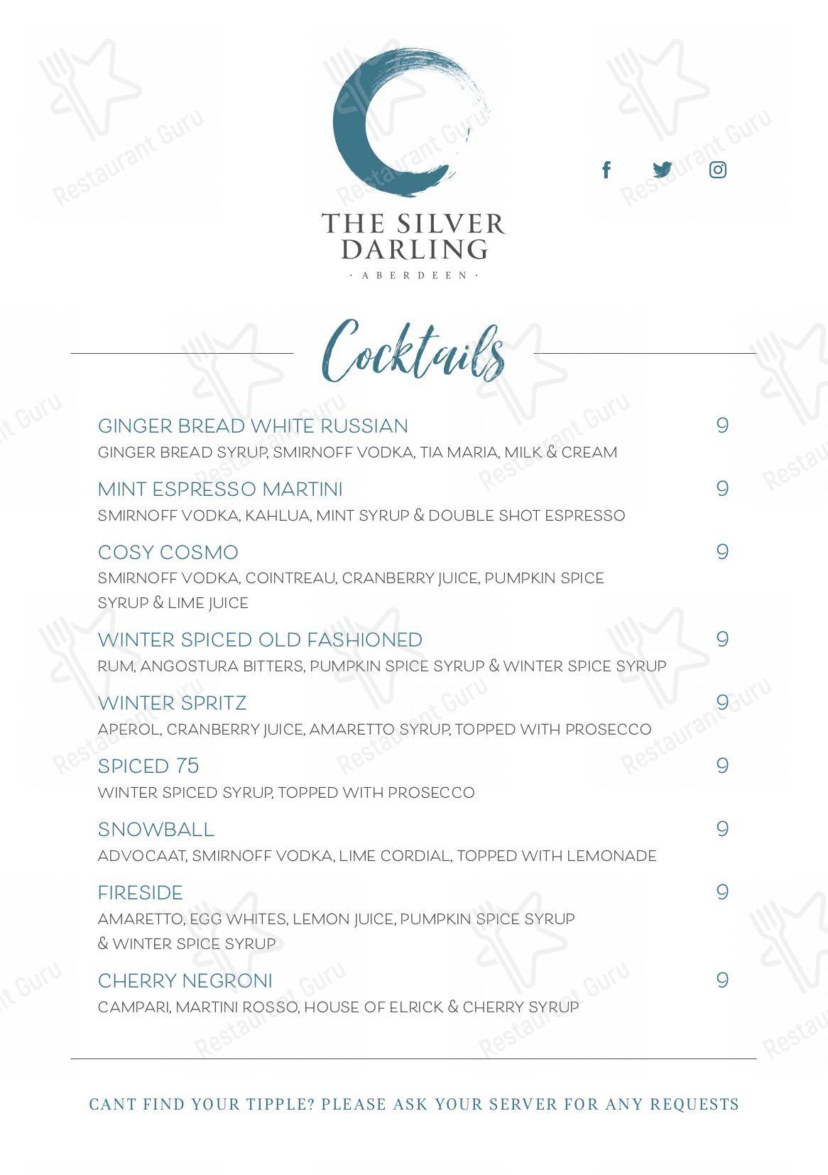 Menu at The Silver Darling restaurant, Aberdeen