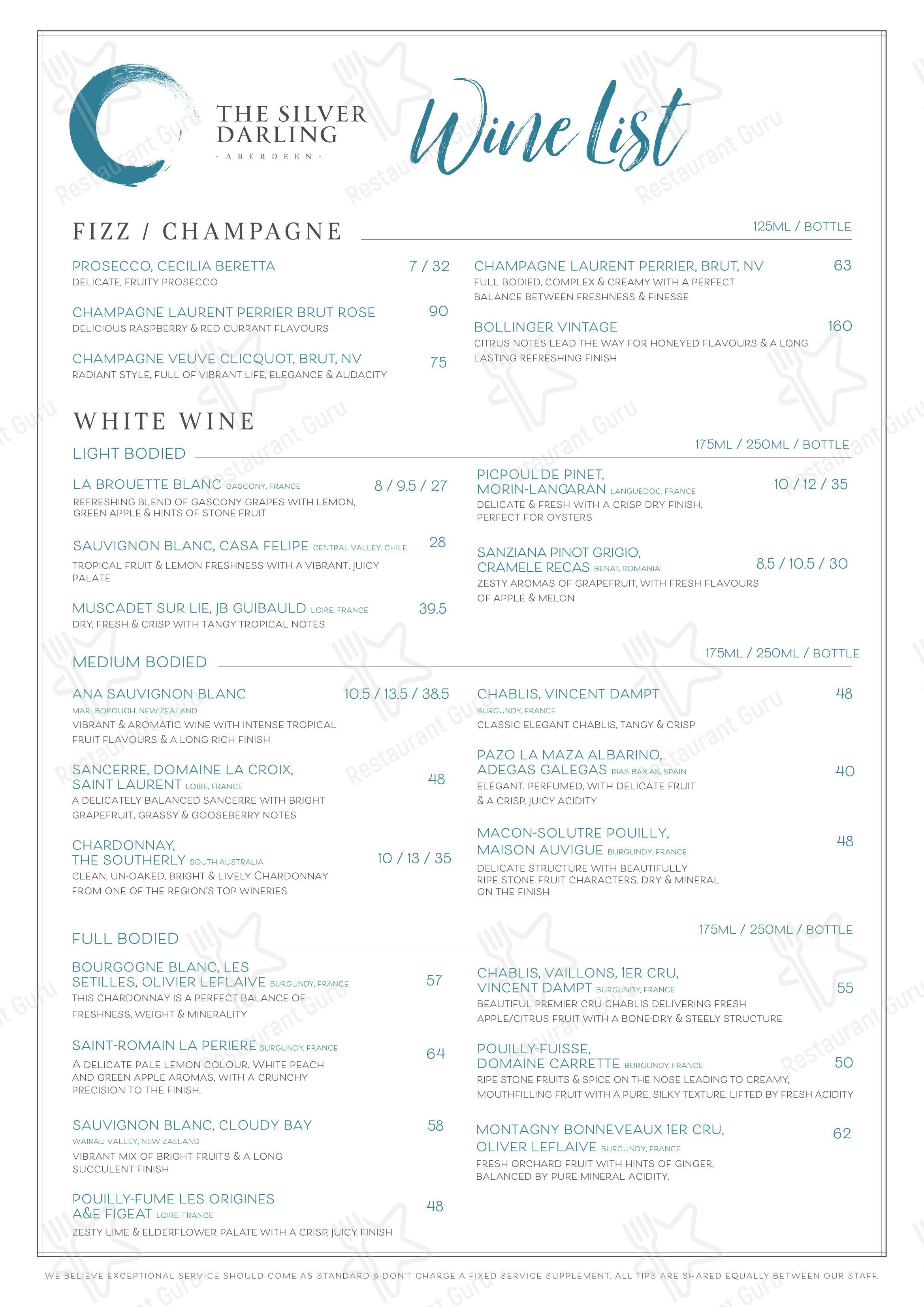 Menu at The Silver Darling restaurant, Aberdeen