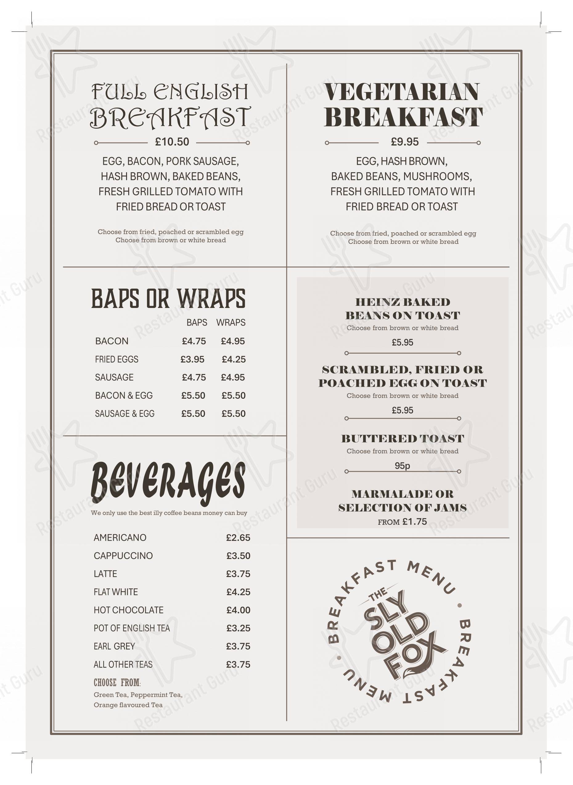 Menu at The Sly Old Fox pub & bar, Birmingham