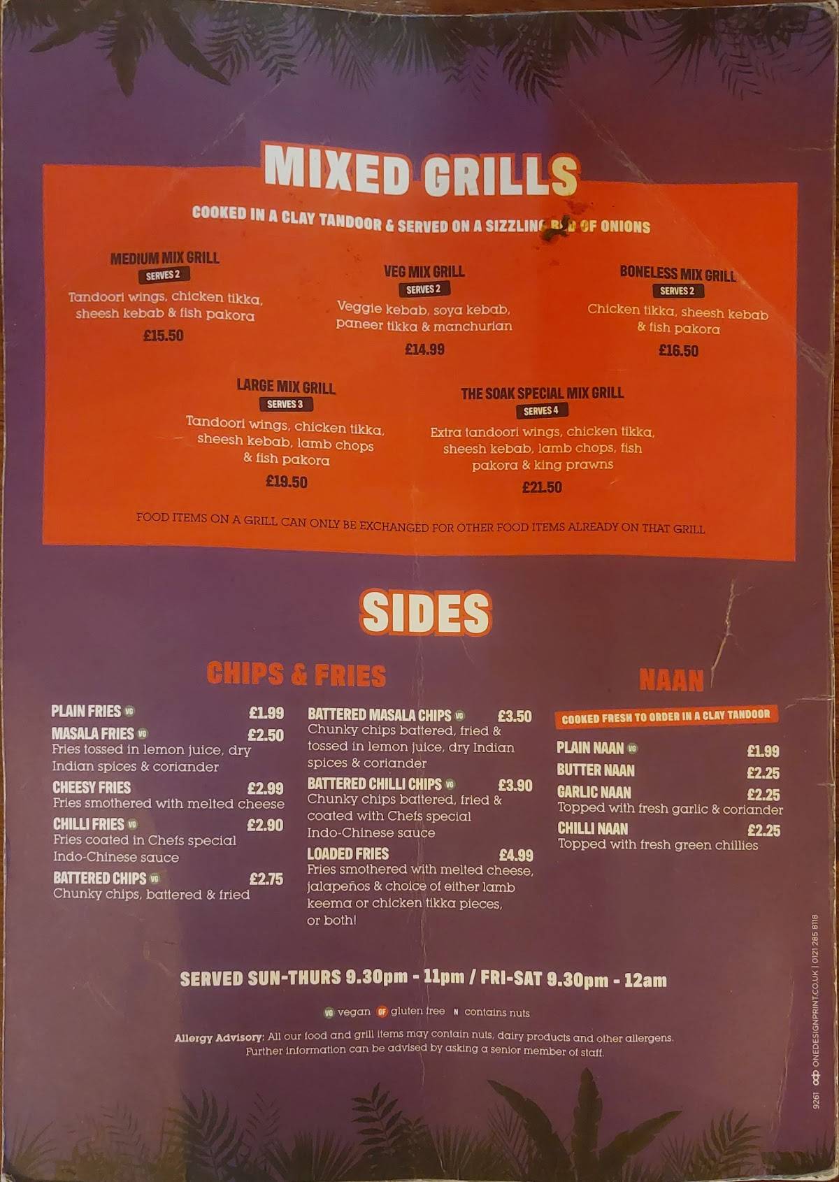 Menu at The Soak Bar & Grill, Birmingham