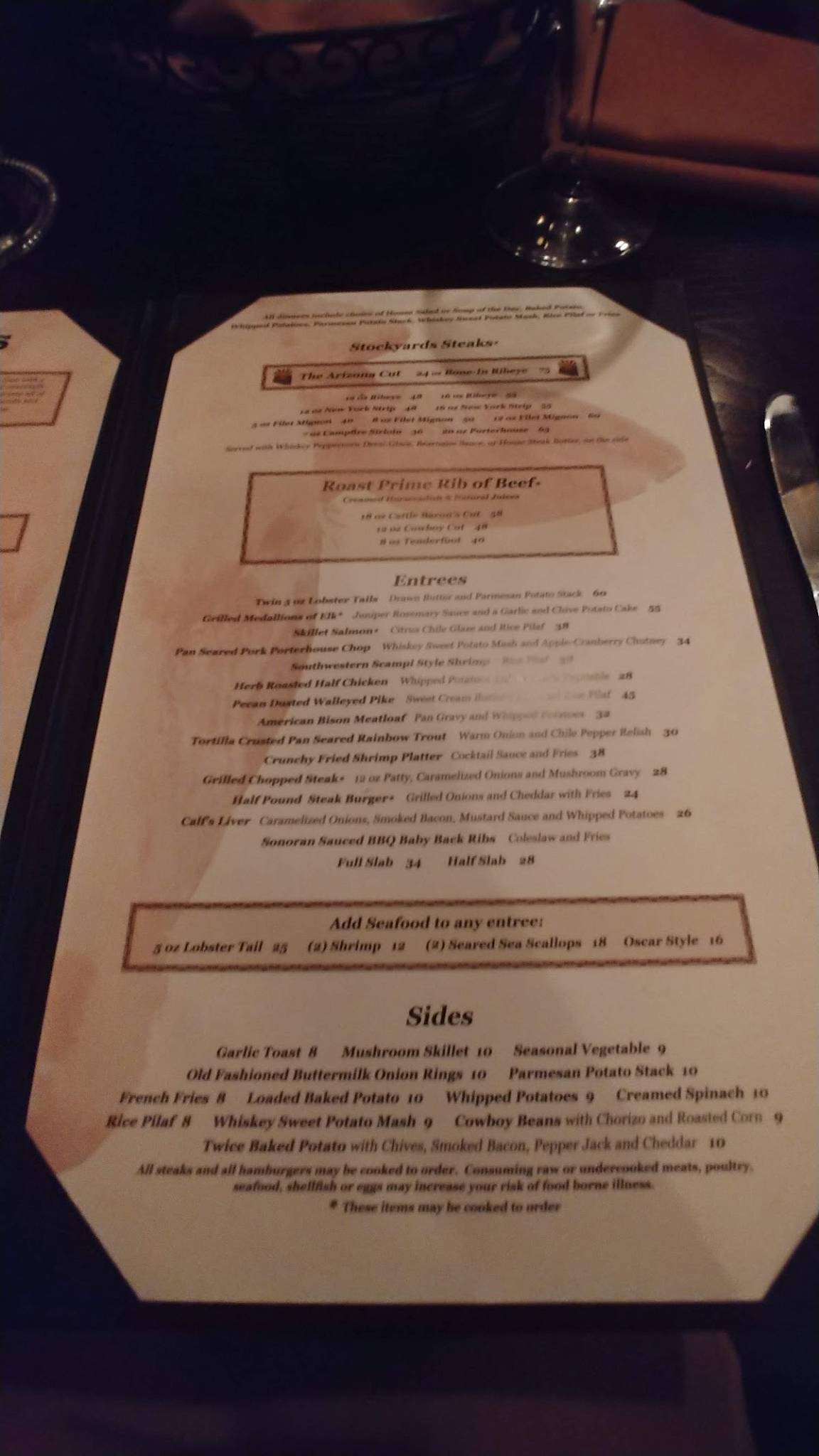 Menu at The Stockyards Steakhouse, Phoenix