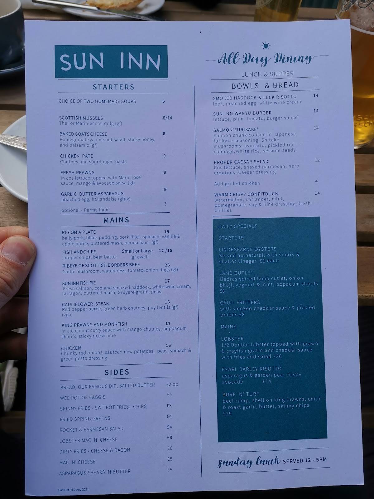 Menu at The Sun Inn pub & bar, Dalkeith, Lothian Bridge