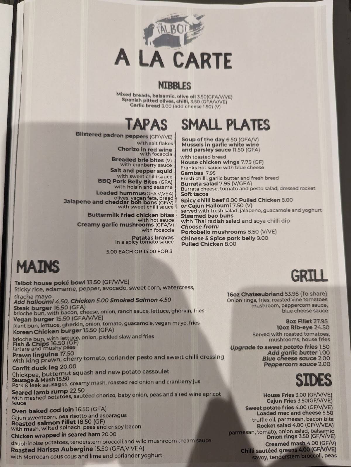 Menu at The Talbot at Belbroughton pub & bar, Stourbridge, Hartle Ln