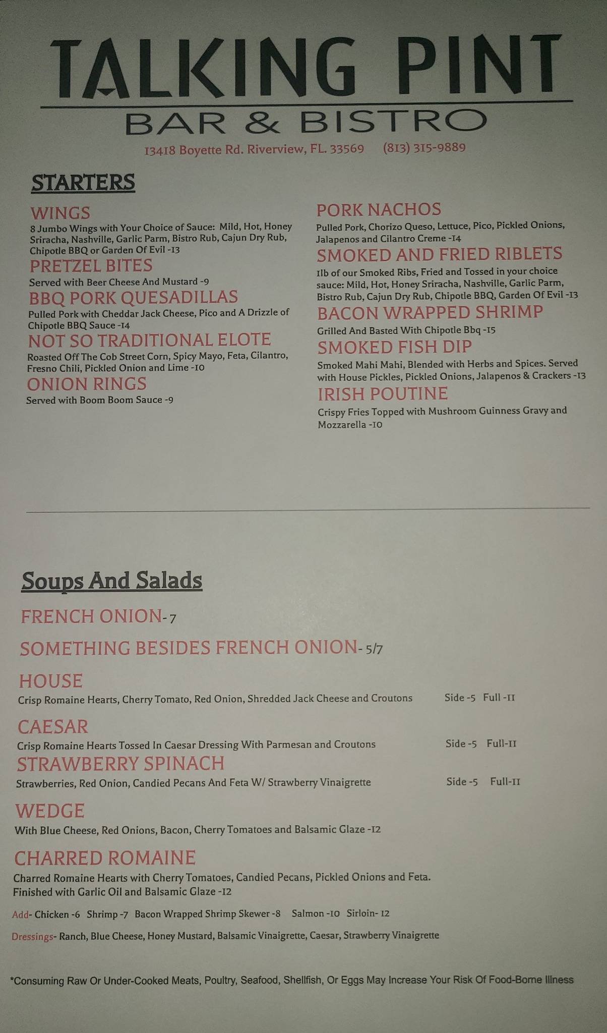 Menu at The Talking Pint Bar & Bistro, Brandon