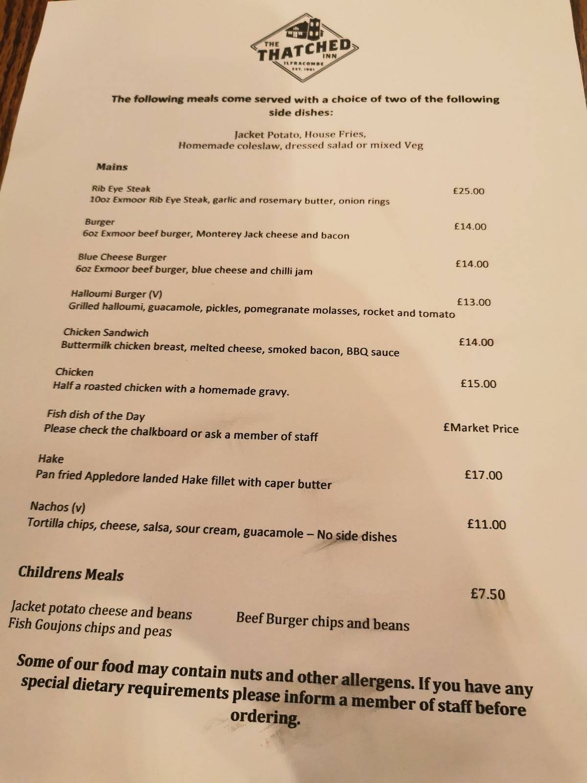 Carta del pub y bar The Thatched Inn, Ilfracombe