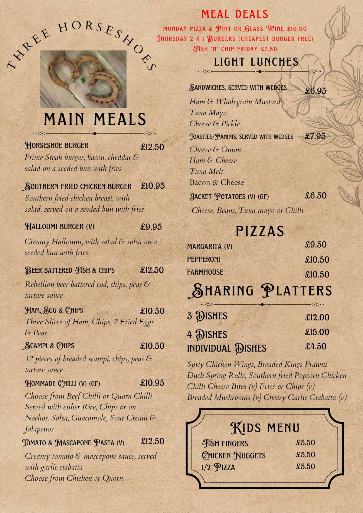 Menu at The Three Horseshoes pub & bar, High Wycombe, Treadaway Rd