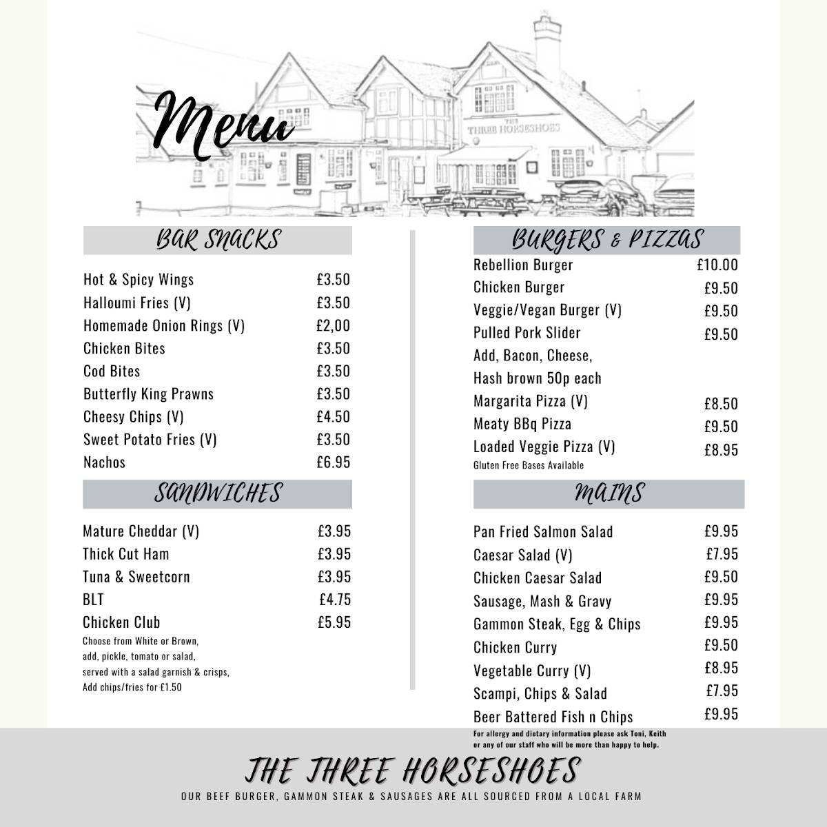 Menu at The Three Horseshoes pub & bar, High Wycombe, Treadaway Rd