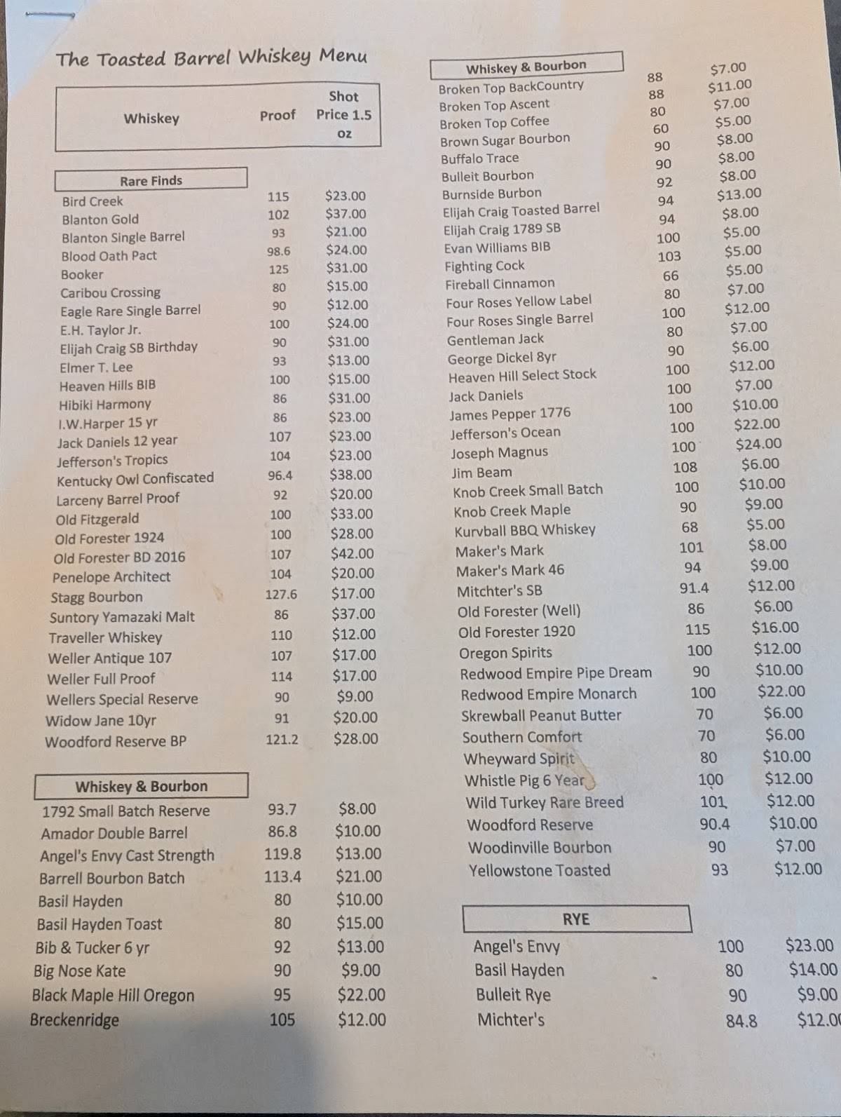Menu at The Toasted Barrel, Grants Pass