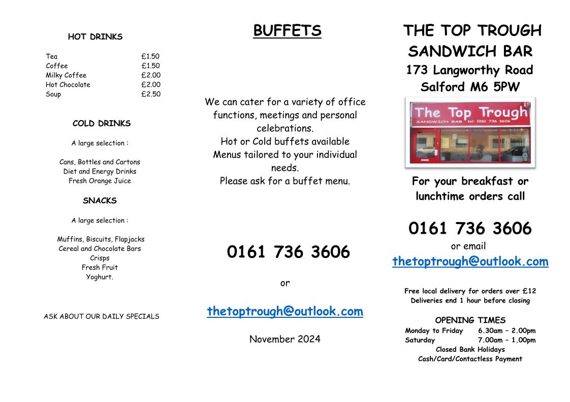 Menu at The Top Trough fast food, Salford