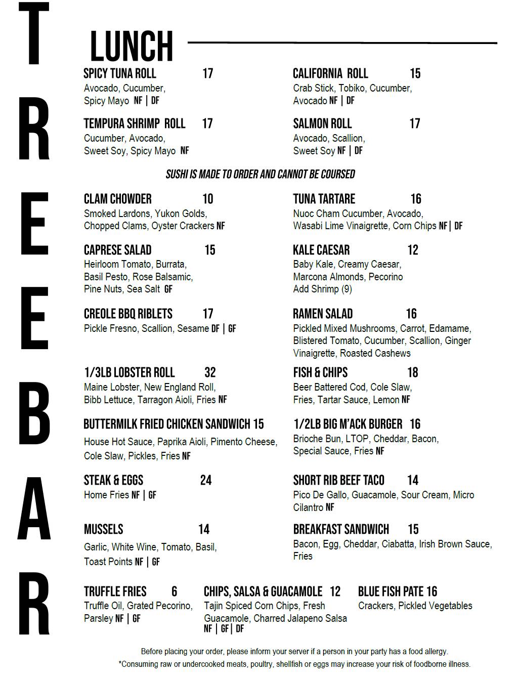Menu at The Tree Bar, Nantucket