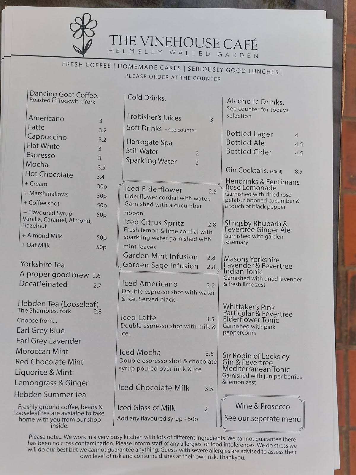 Menu at The Vinehouse Cafe at Helmsley walled Garden, Helmsley