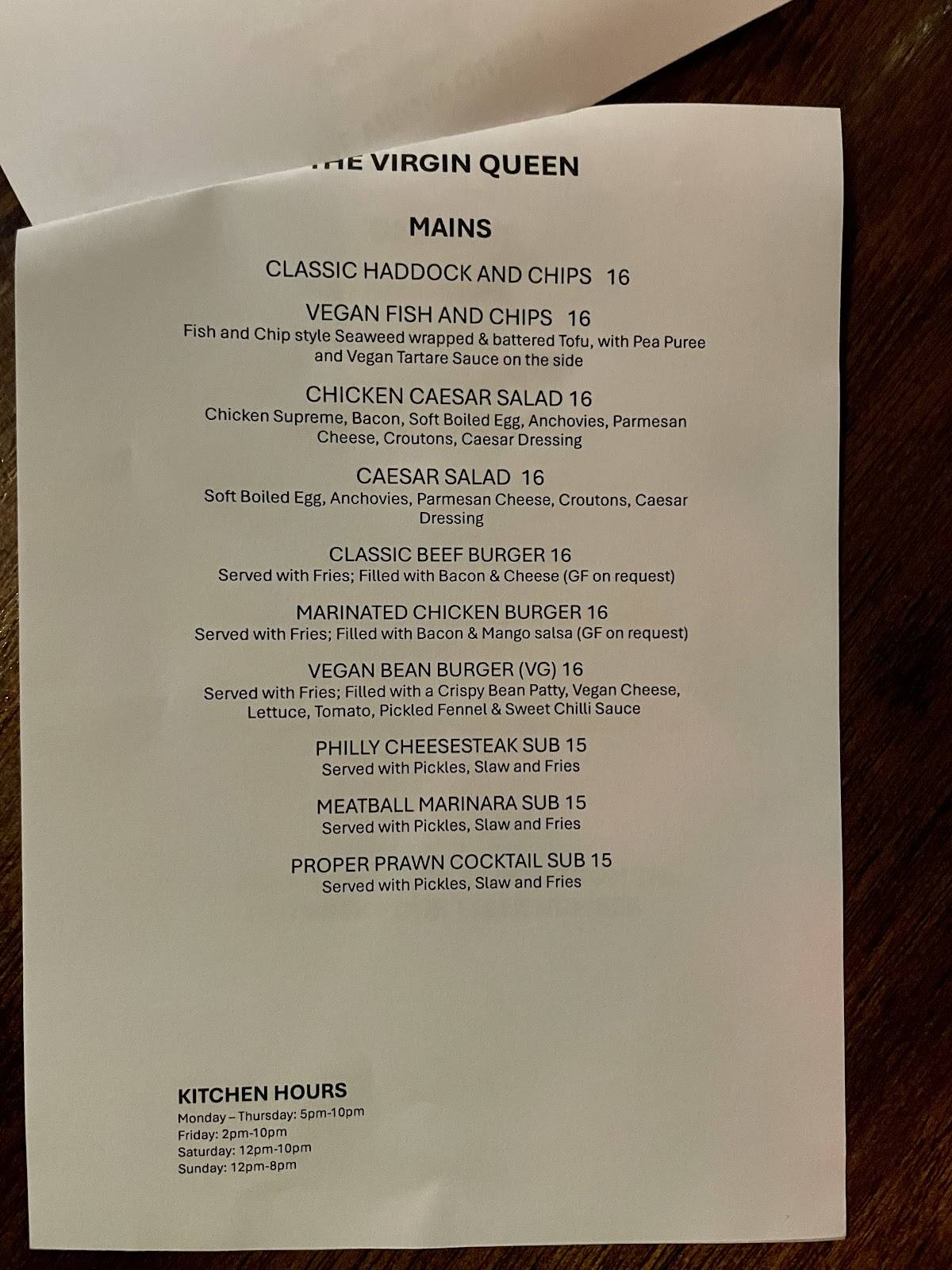 Carta del pub y bar The Virgin Queen, Londres