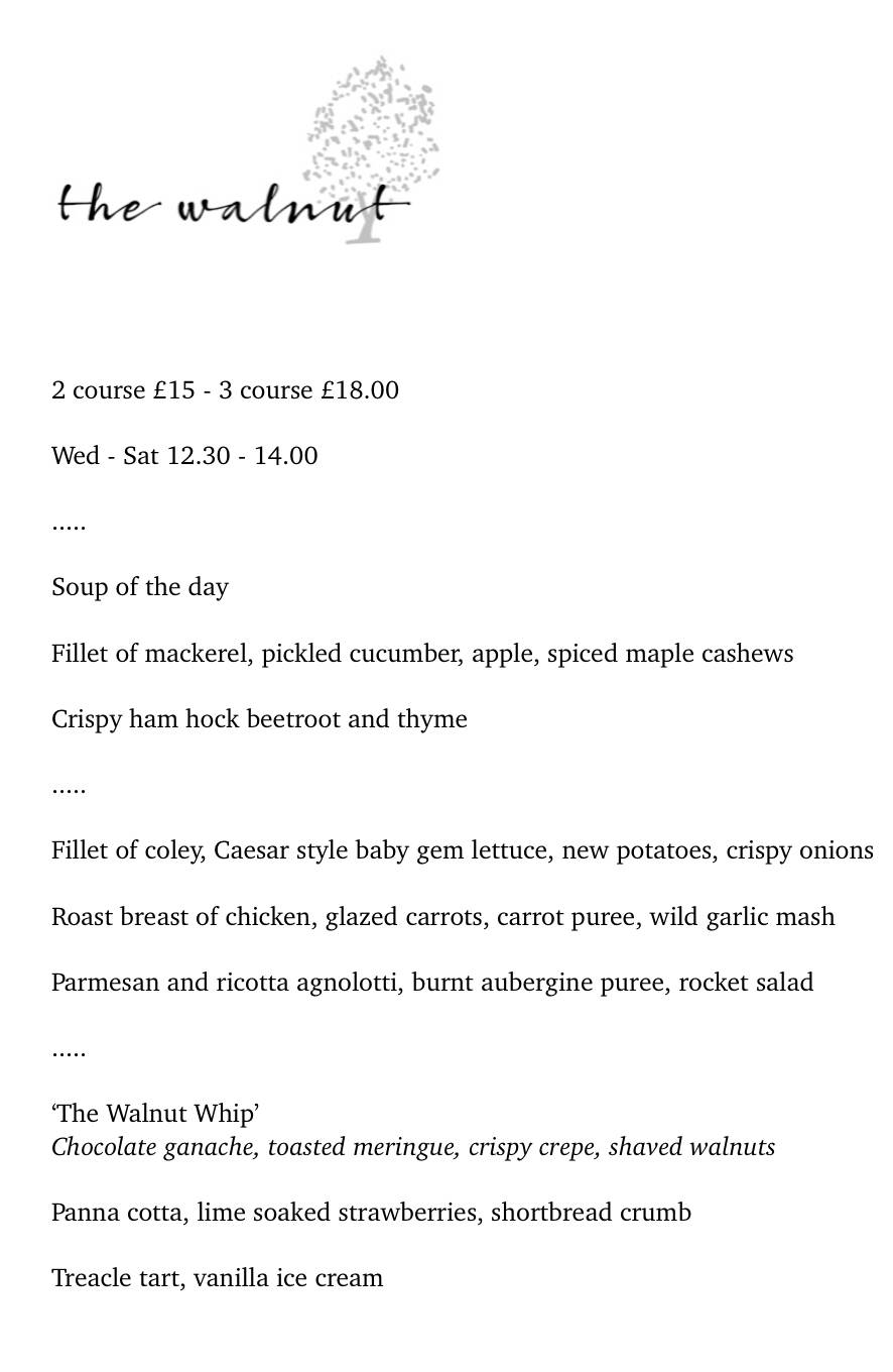 Menu at The Walnut restaurant, Edinburgh