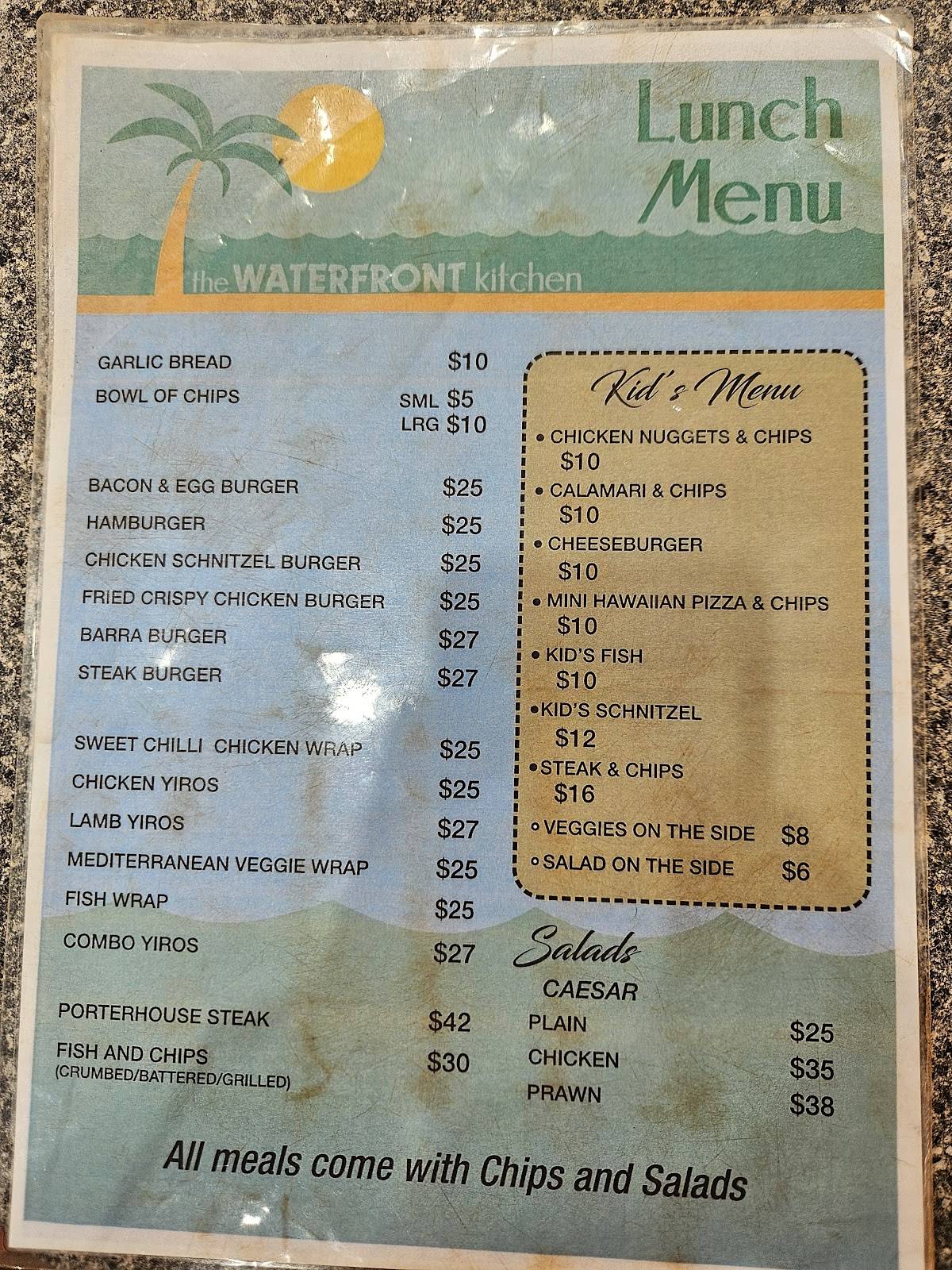 Menu at The Waterfront Kitchen restaurant, East Arnhem, Gove