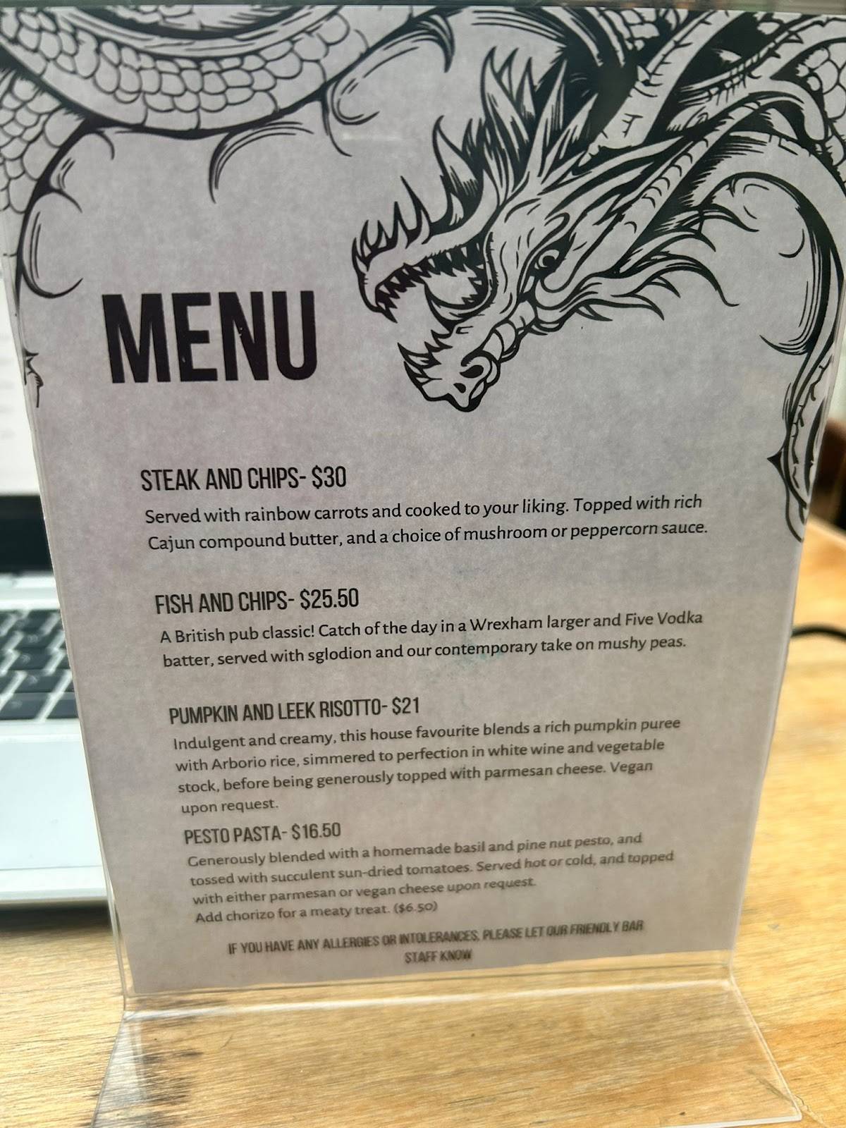 Menu at The Welsh Dragon Bar, Wellington, 10a Cambridge Ter