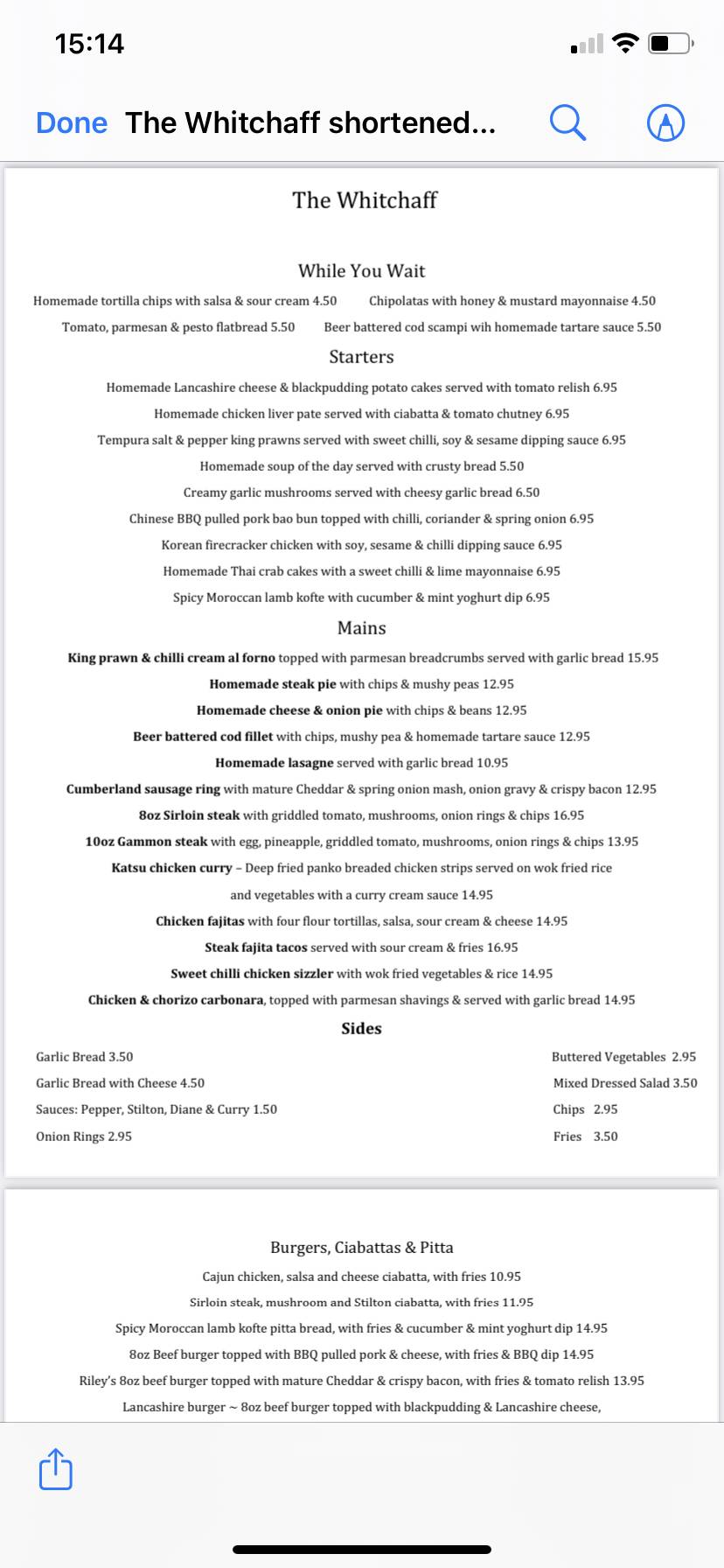 Menu at The Whitchaff Inn pub & bar, Rawtenstall