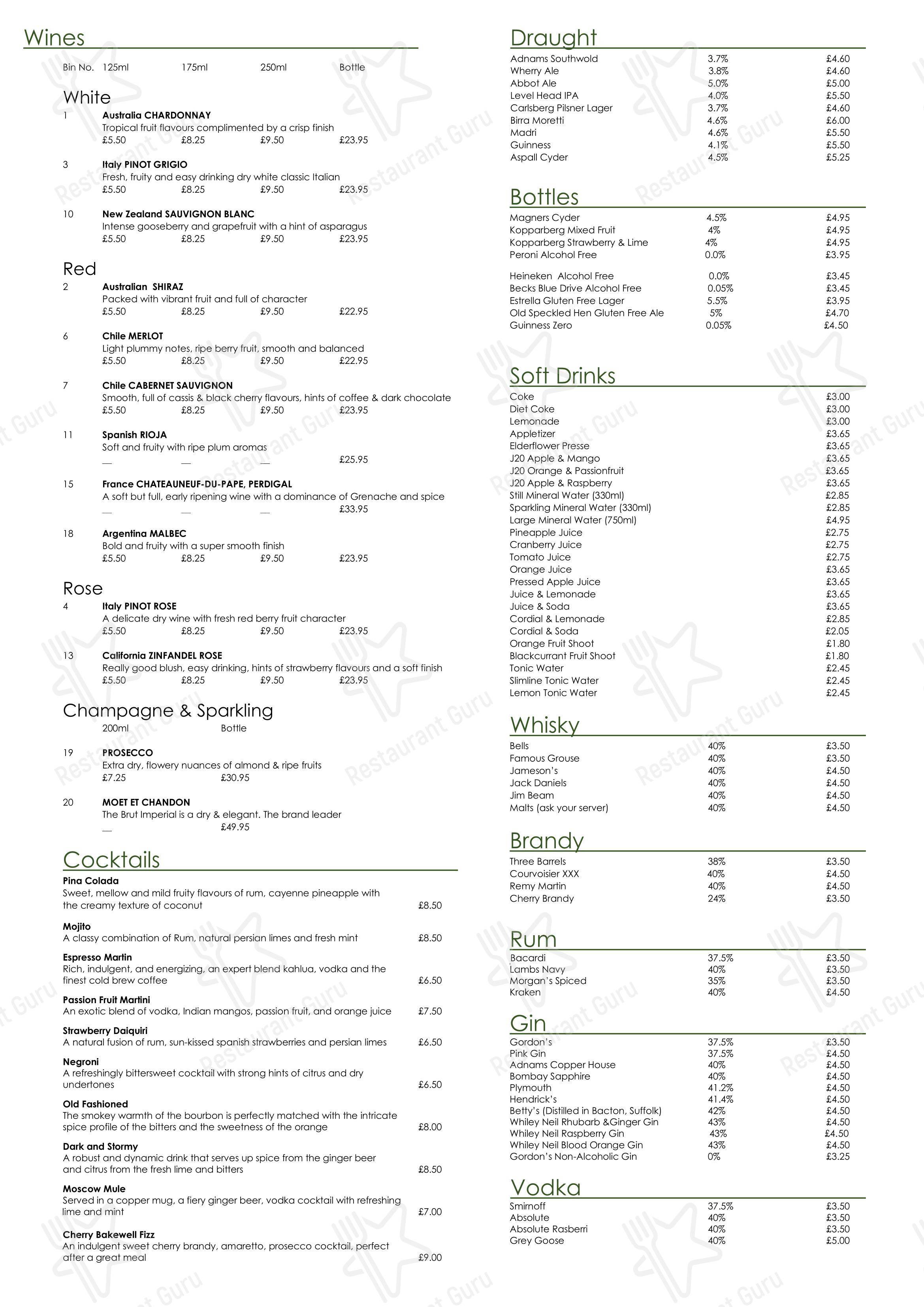 Menu at The White Horse Inn restaurant, Eye