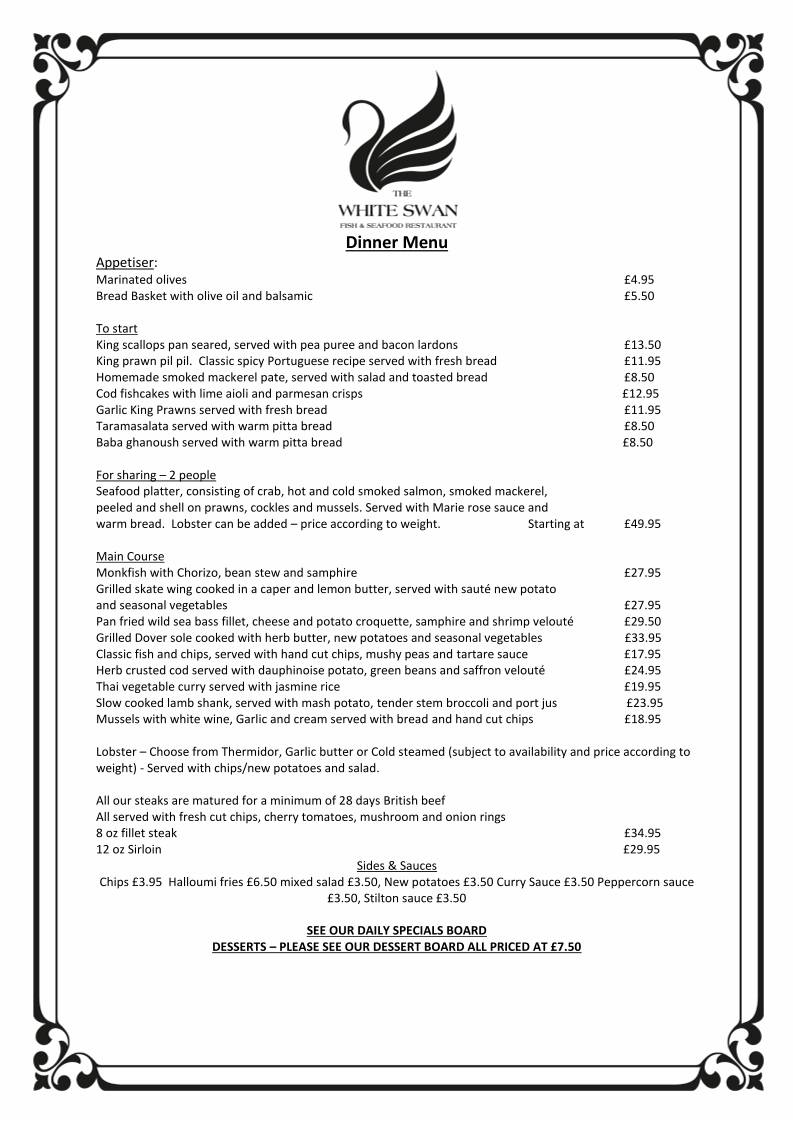 Menu at The White Swan pub & bar, Great Yarmouth, 1 N Quay