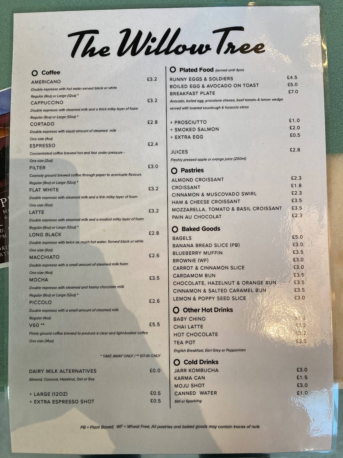 Menu at The Willow Tree Arts Café cafe, London